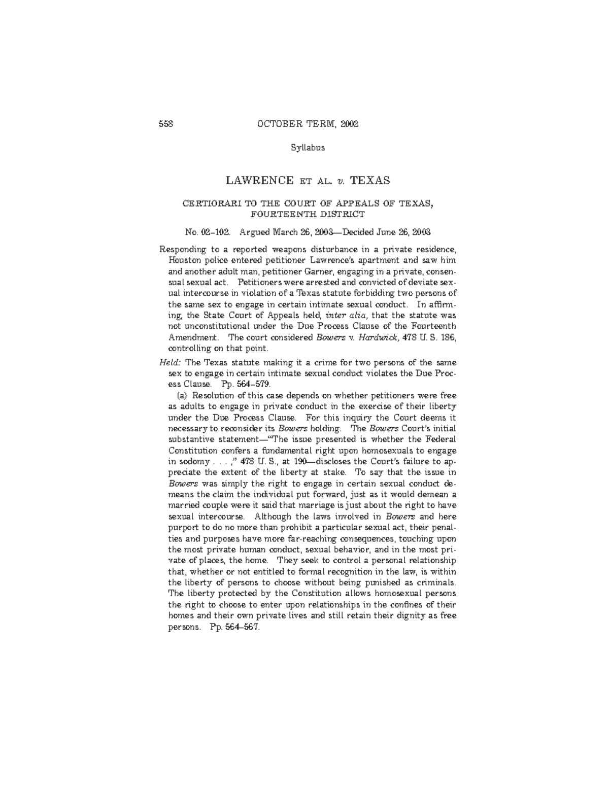 Lawrence V Texas - derecho internacional - 558 OCTOBER TERM, 2002 ...
