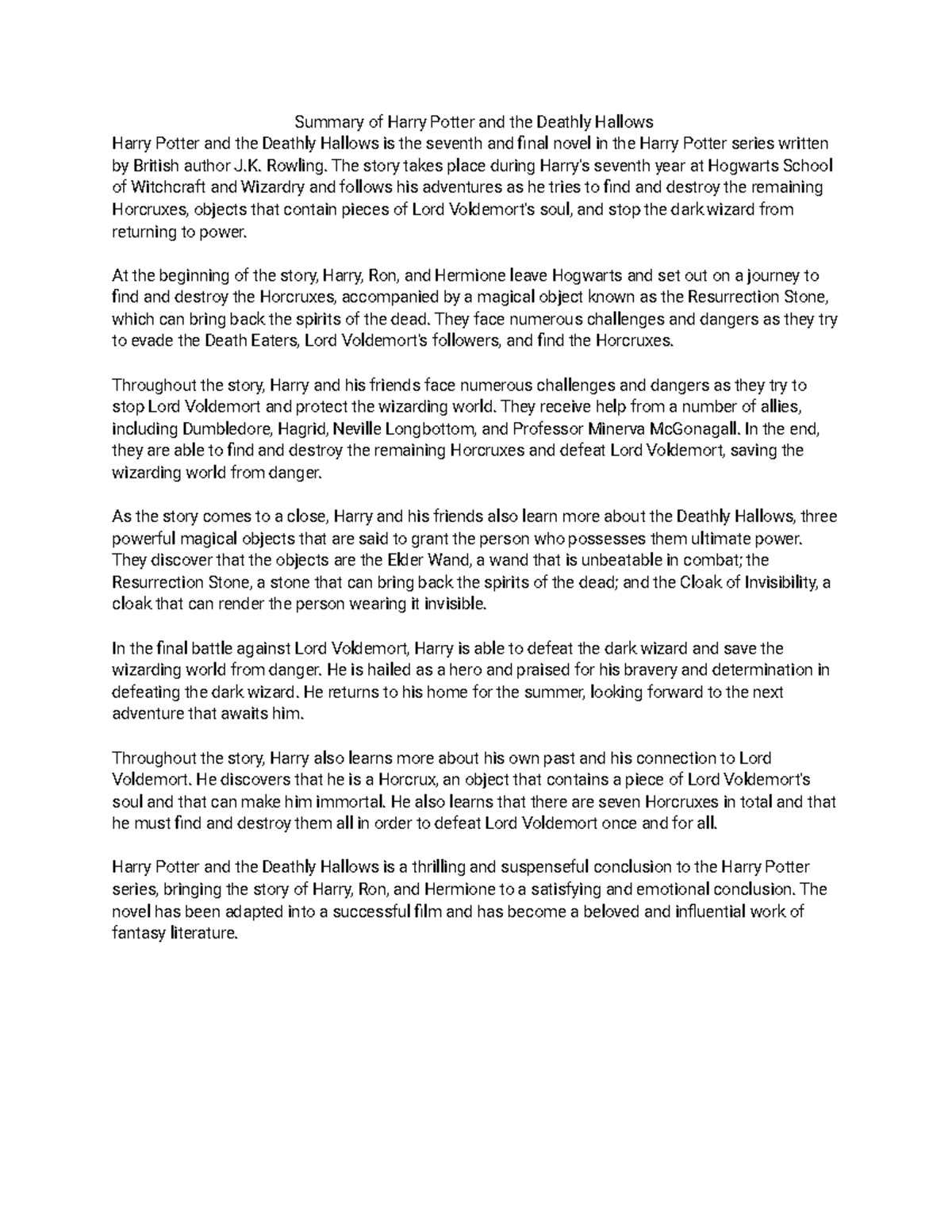 Summary of Harry Potter and the Deathly Hallows - Rowling. The story ...