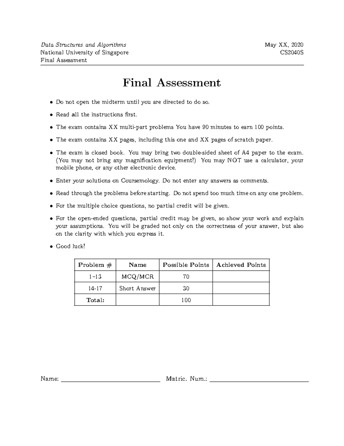 1920SEM2-CS2040S - gfd - Data Structures and Algorithms May XX, 2020 ...