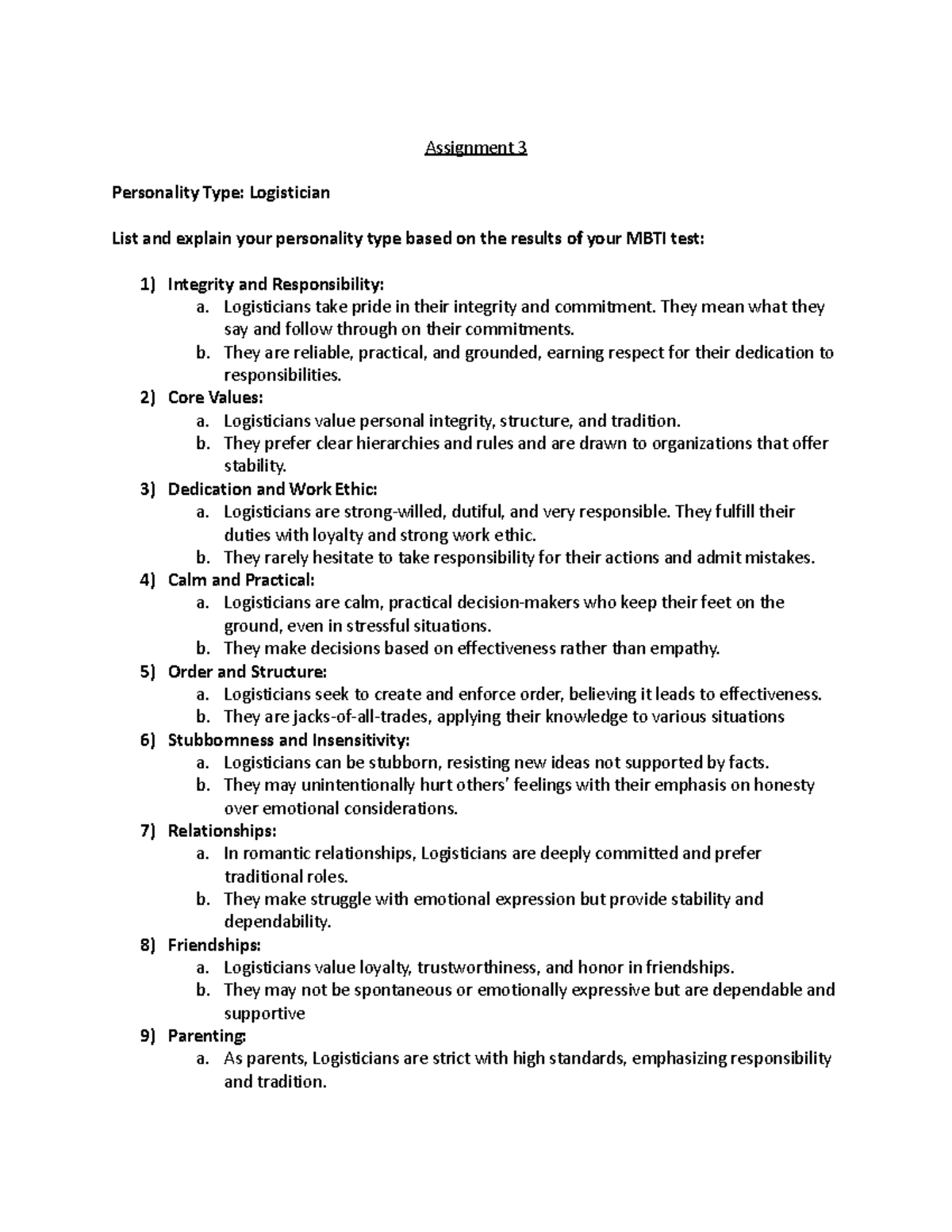 HRM Assignment 3 - Assignment 3 Personality Type: Logistician List and ...