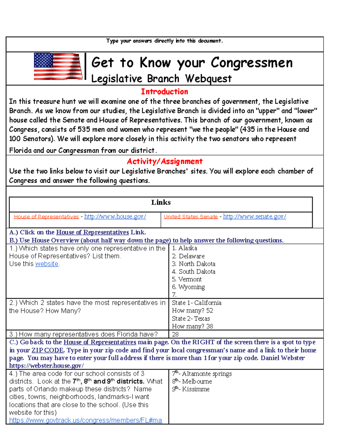 Copy of Get to Know your Congressmen-Legislative Branch Webquest Form ...