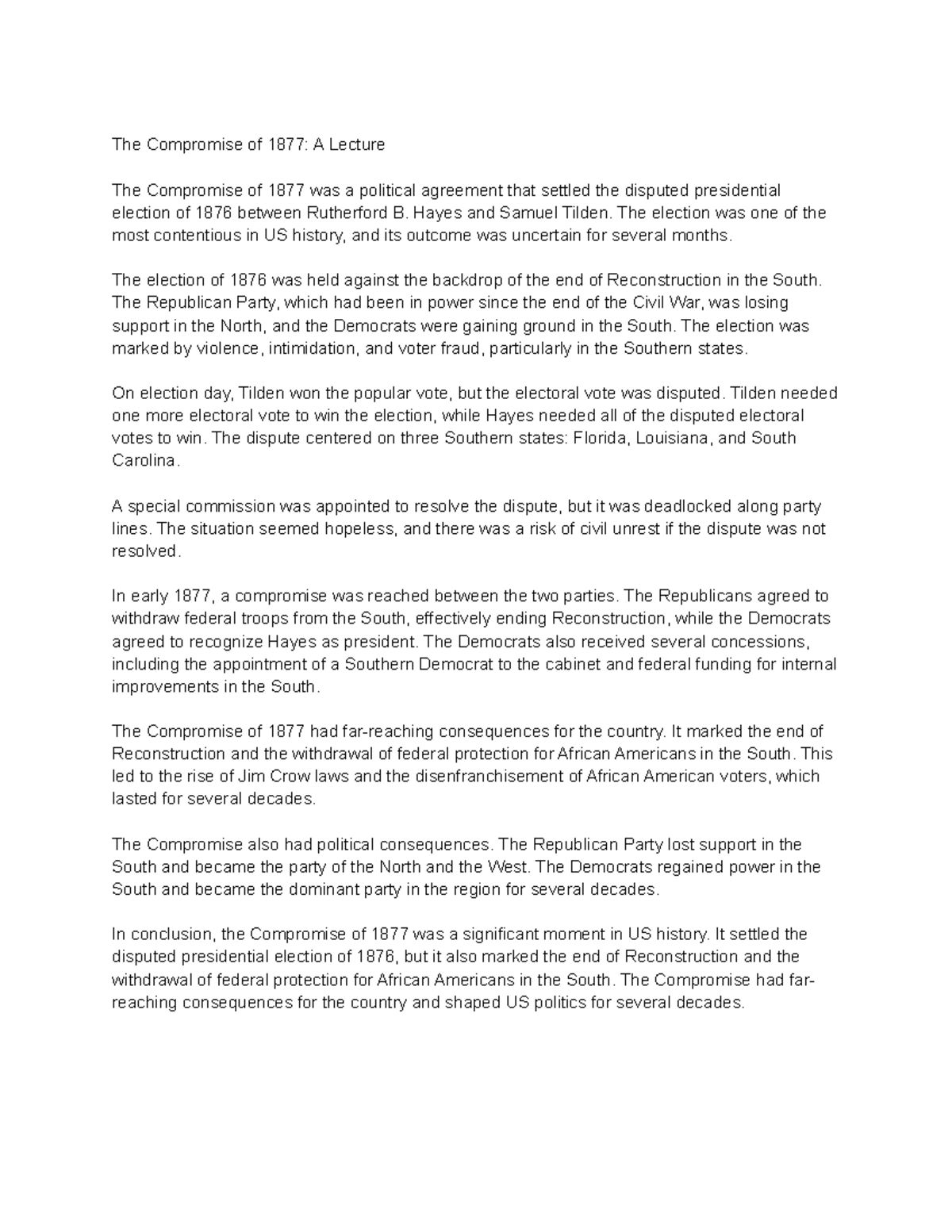 The Compromise of 1877 A Lecture - The Compromise of 1877: A Lecture ...