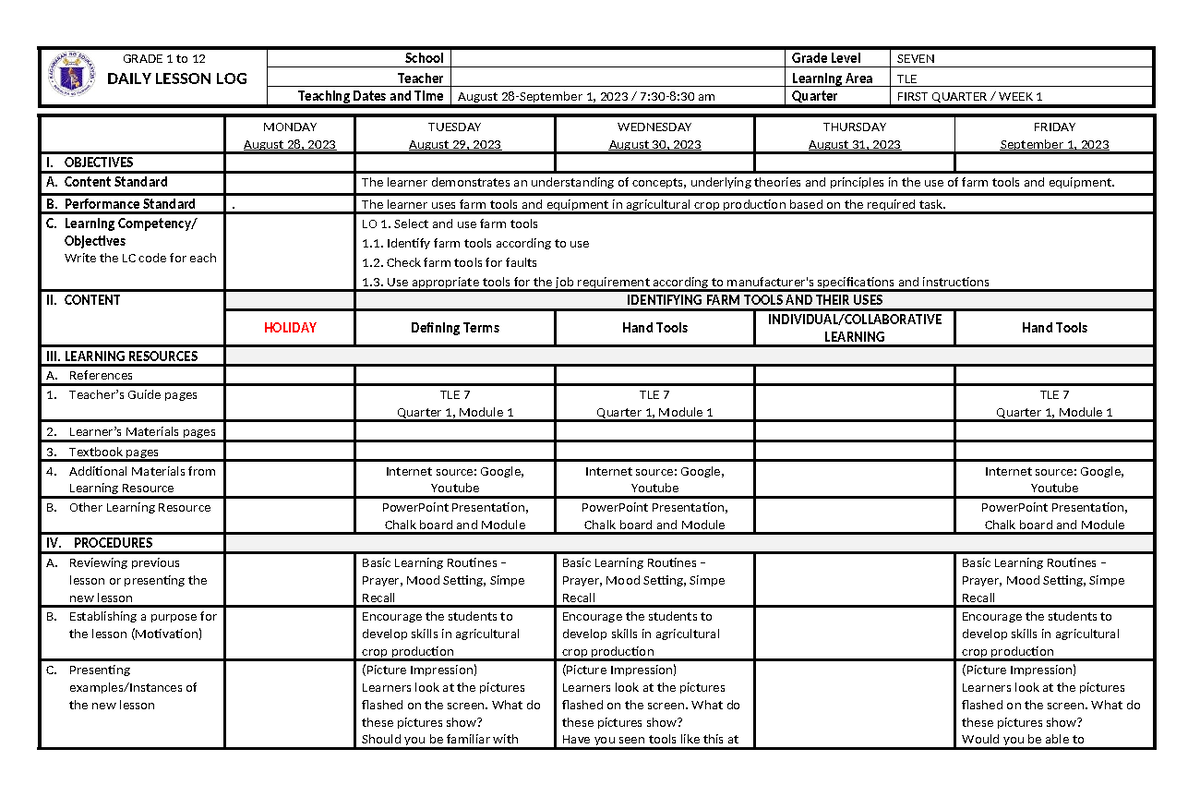 Daily Lesson Log in TLE 7 Quarter 1 - GRADE 1 to 12 DAILY LESSON LOG ...