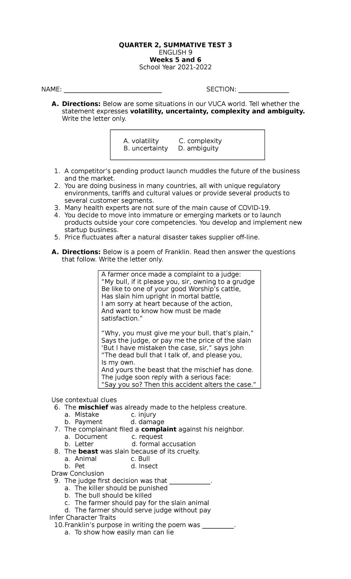 Q2 WK 5 6 GD 9 Summative TEST - Bachelor of elementary eduacation ...