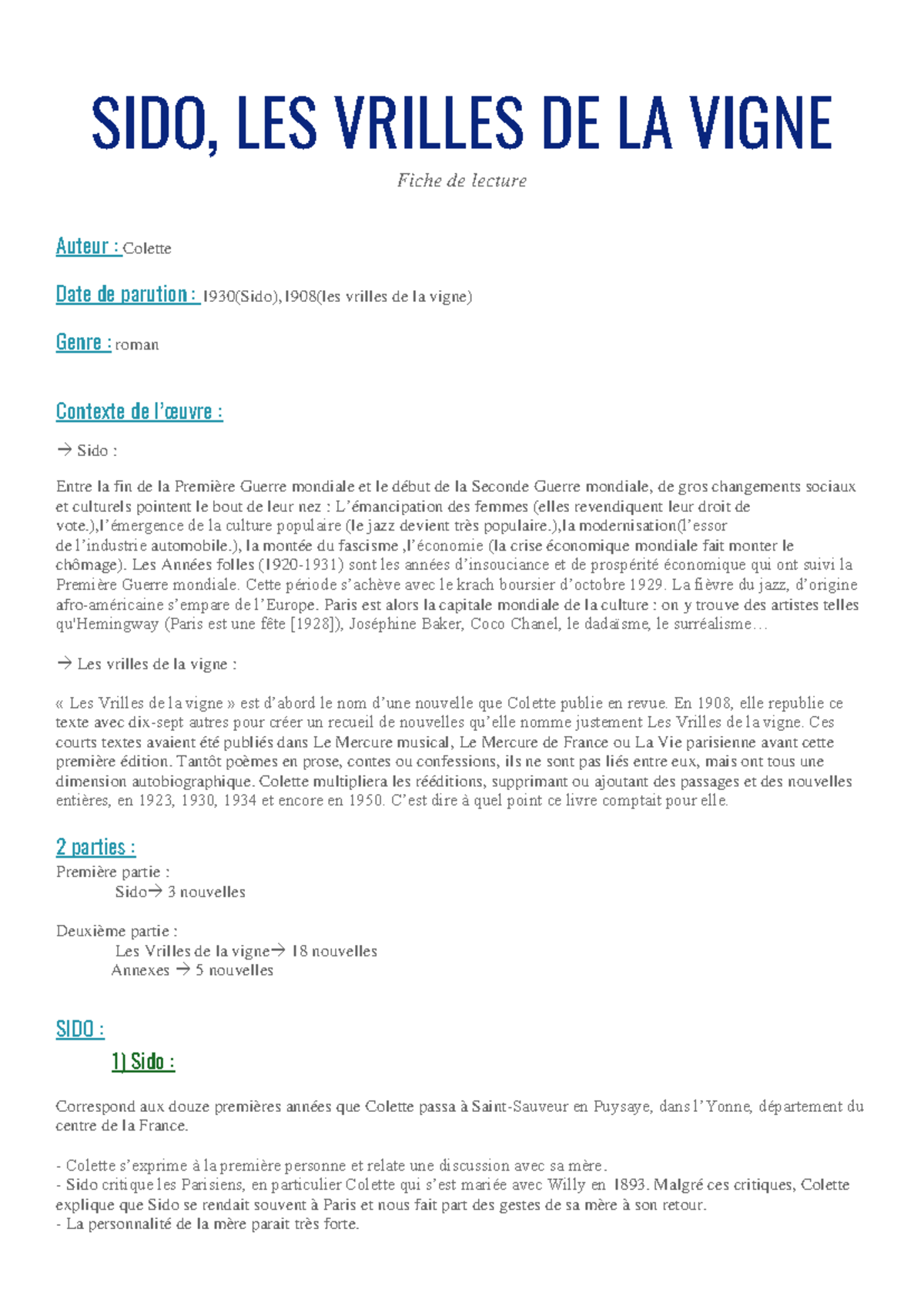 Fiche de lecture sido, les vrilles de la vigne - SIDO, LES VRILLES DE LA VIGNE Fiche de lecture ...