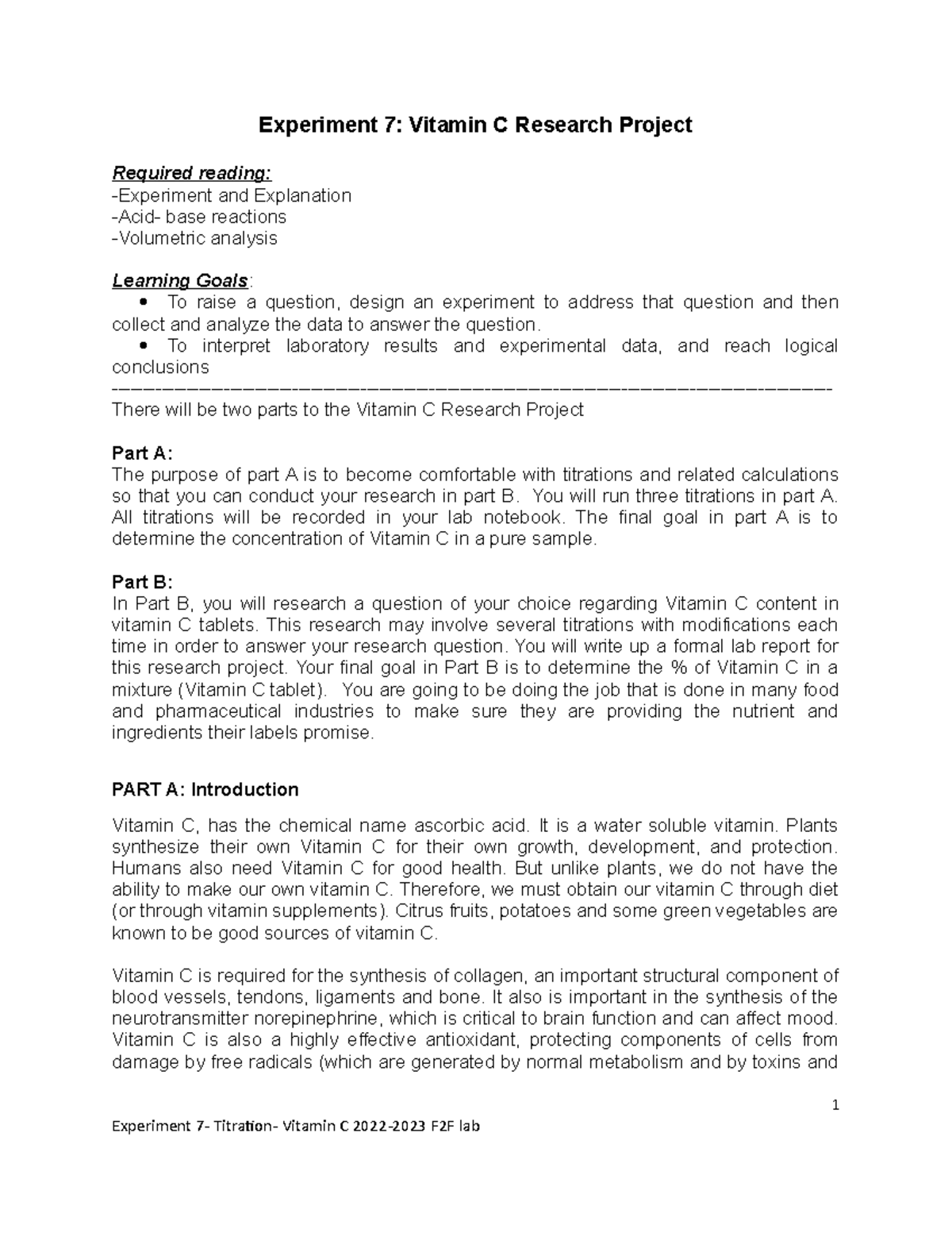 Experiment 7- Titration- Vitamin C Fall 2022 F2F - CHEM 1411 - LSC ...