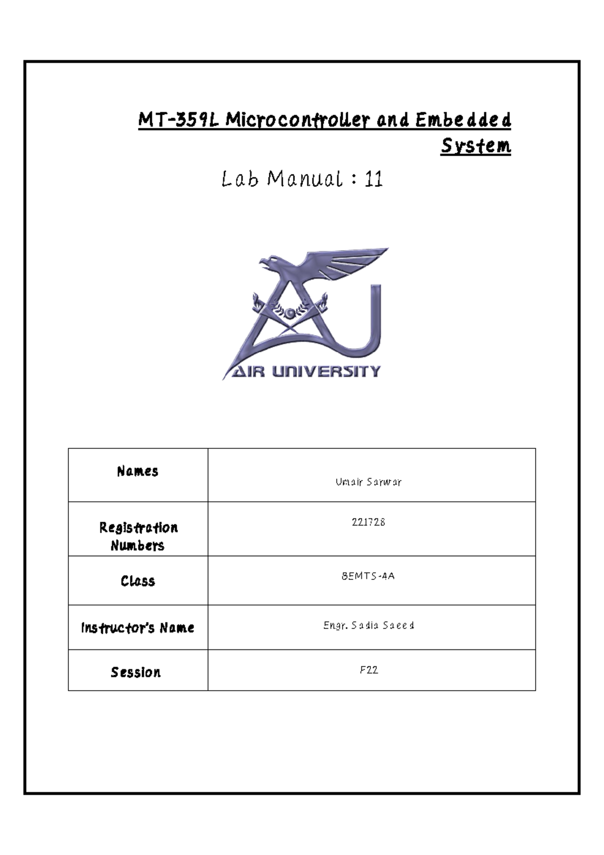 221728 Mes Lab11 Mt 359l Microcontroller And Embedded System Lab Manual 11 Names Umair