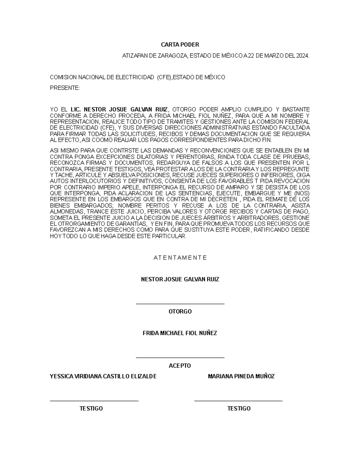 Carta Poder- CFE - CARTA PODER ATIZAPAN DE ZARAGOZA, ESTADO DE MÉXICO A ...