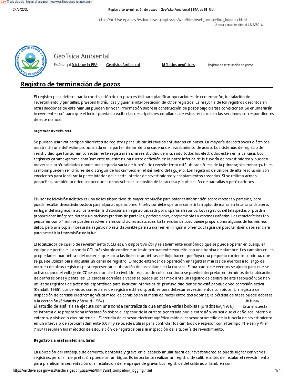 Well Completion Logging Environmental Geophysics US EPA - 27/8/2020 Registro de terminación de ...