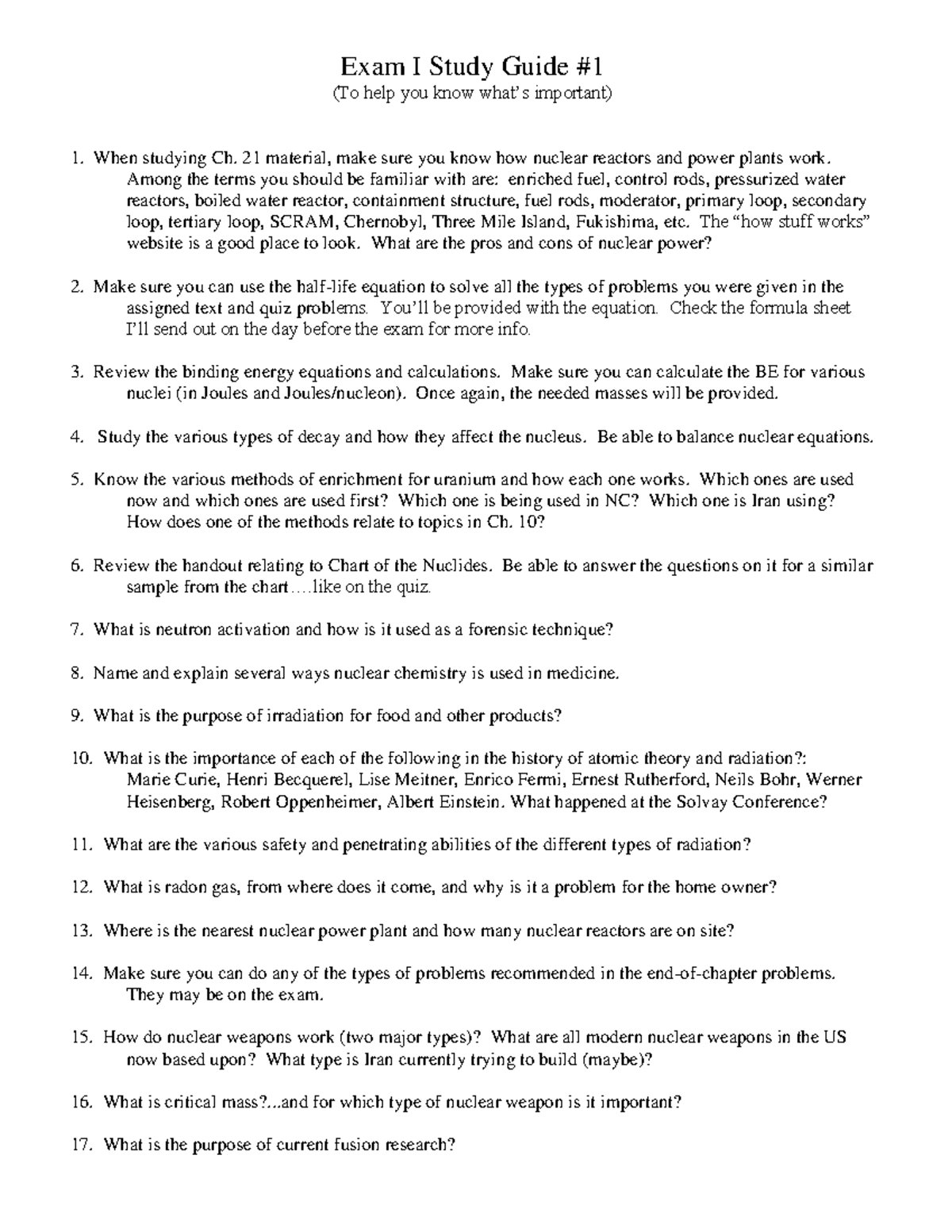 Exam I study guide 1 for chemistry - Universidad - Exam I Study Guide ...