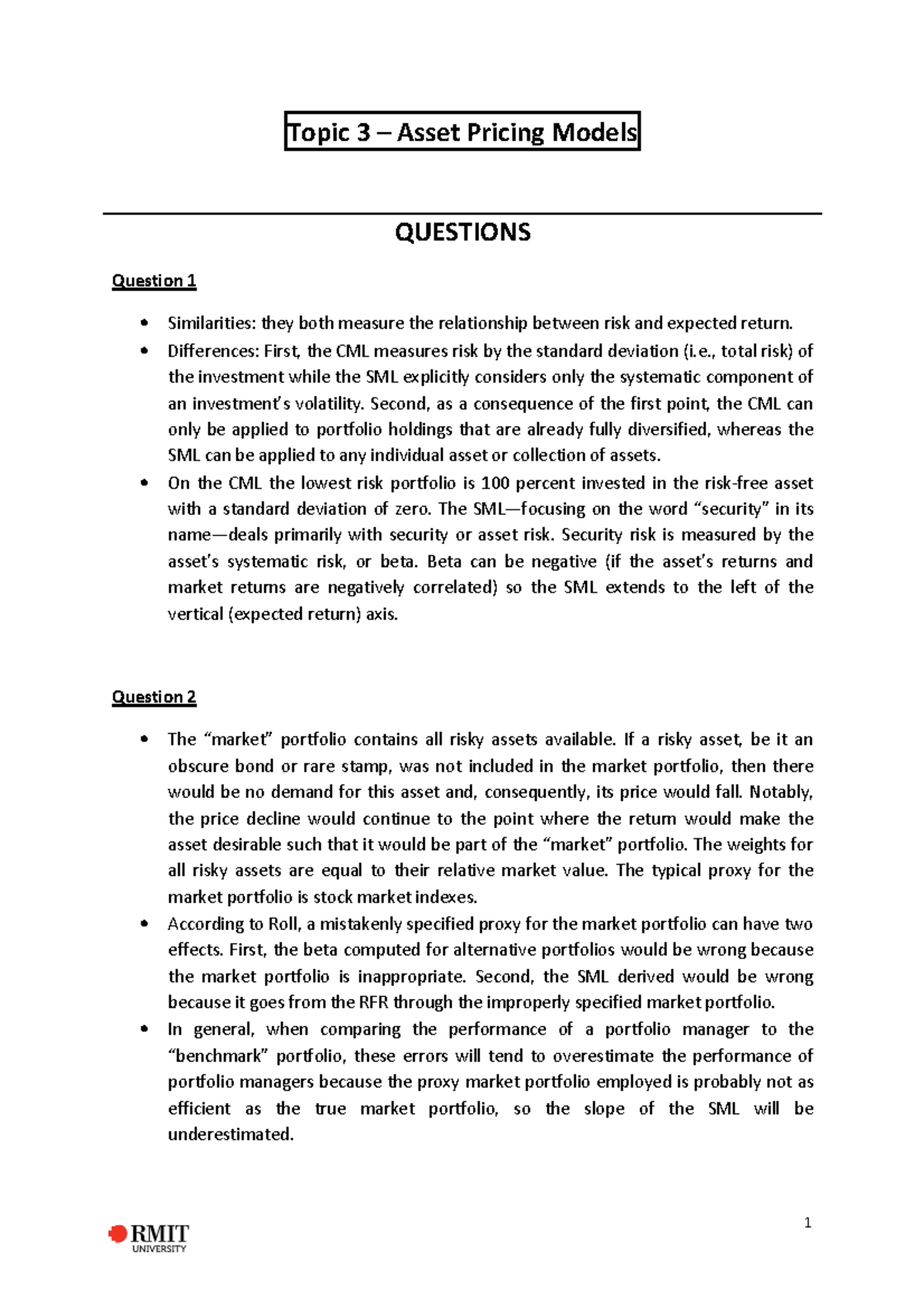 Topic 3 - Tutorial Solutions - Topic 3 – Asset Pricing Models QUESTIONS ...