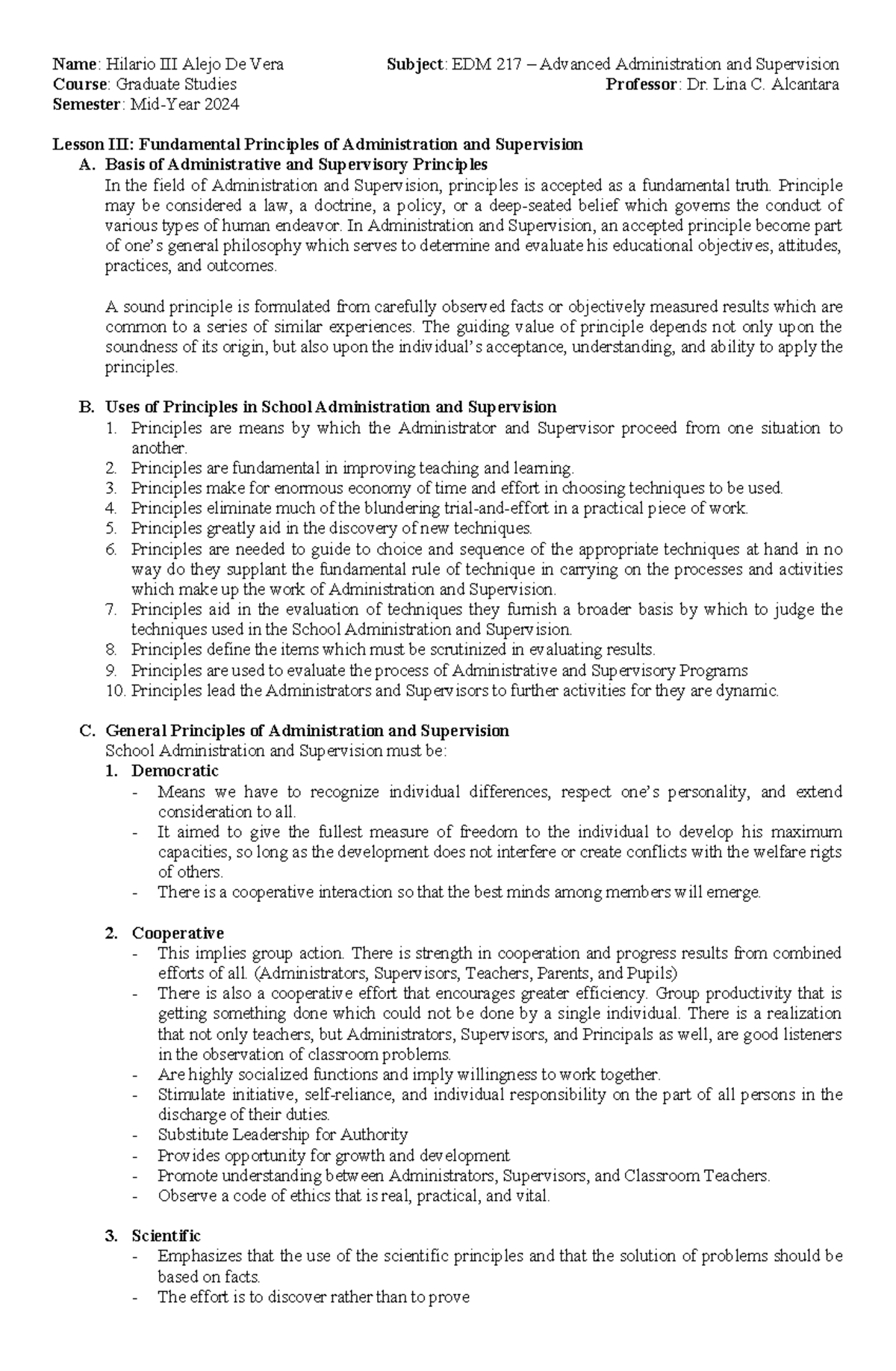Lesson III Fundamental Principles of Administration and Supervision 1 ...