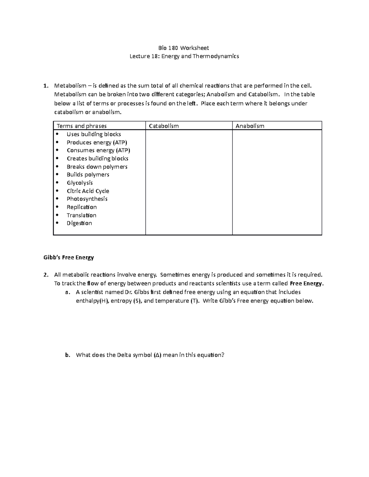 Topic Worksheet - Bio 180 Worksheet Lecture 18: Energy and ...