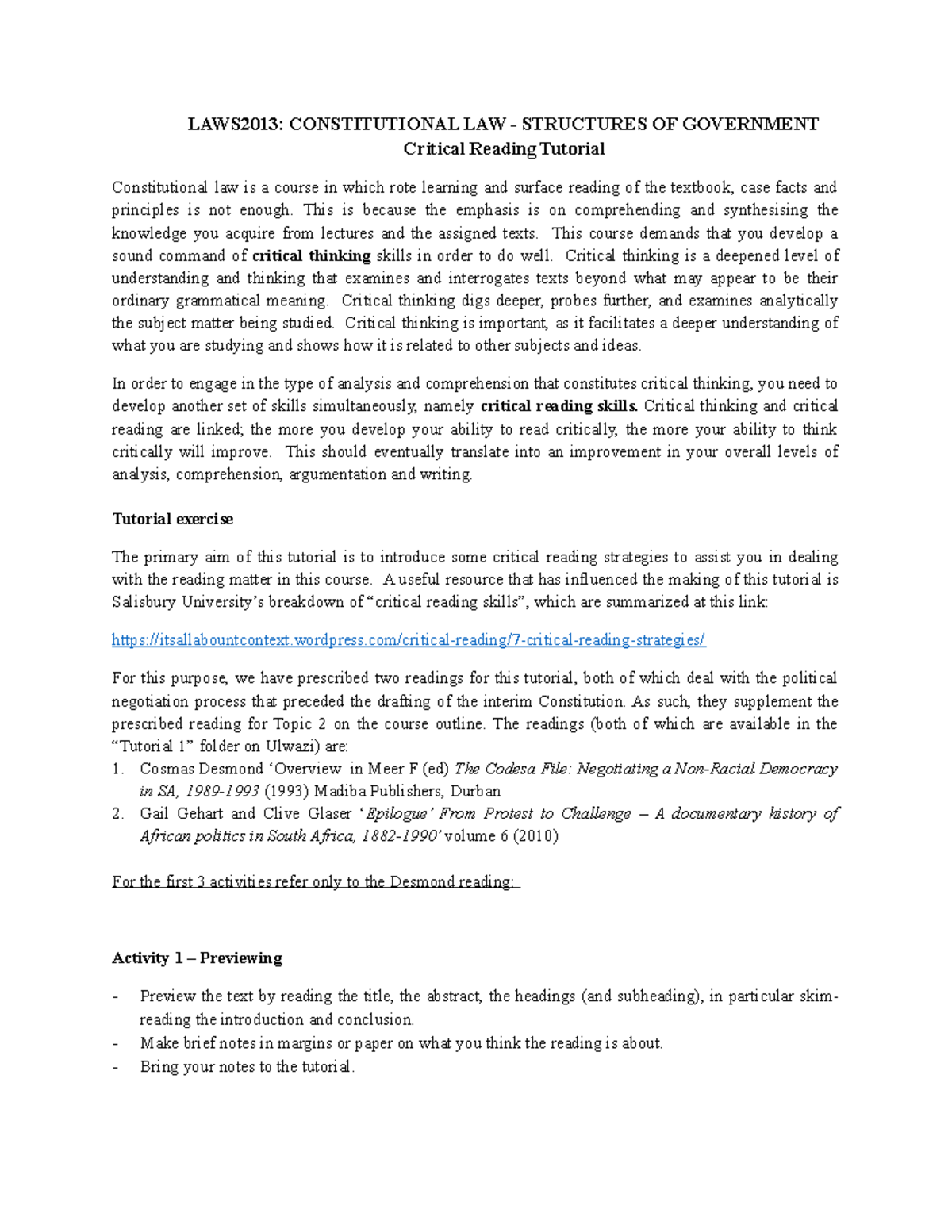 Tutorial 1 Critical Reading - LAWS2013: CONSTITUTIONAL LAW - STRUCTURES ...
