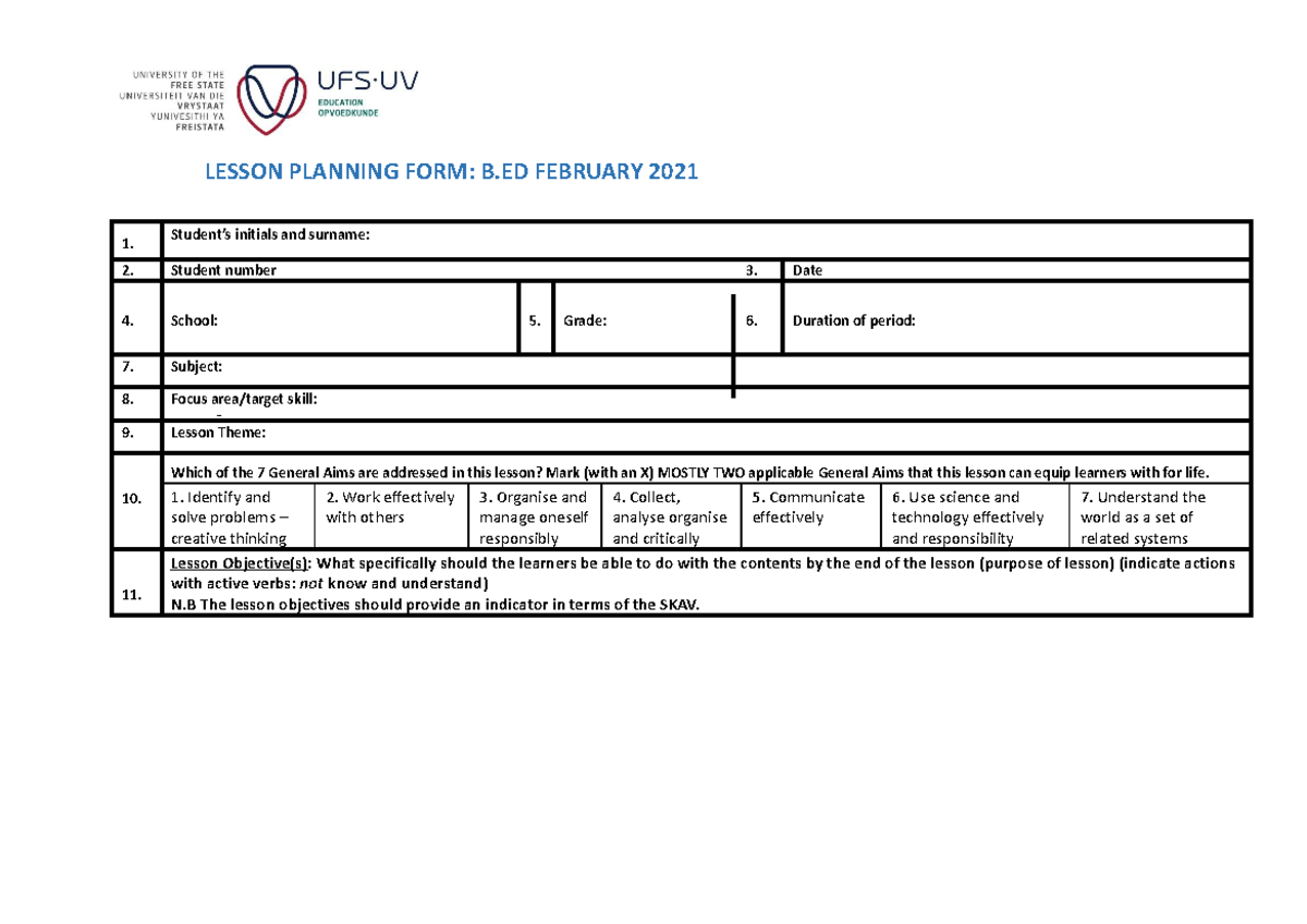 Lesson Planning FORM - LESSON PLANNING FORM: B FEBRUARY 2021 Student’s ...