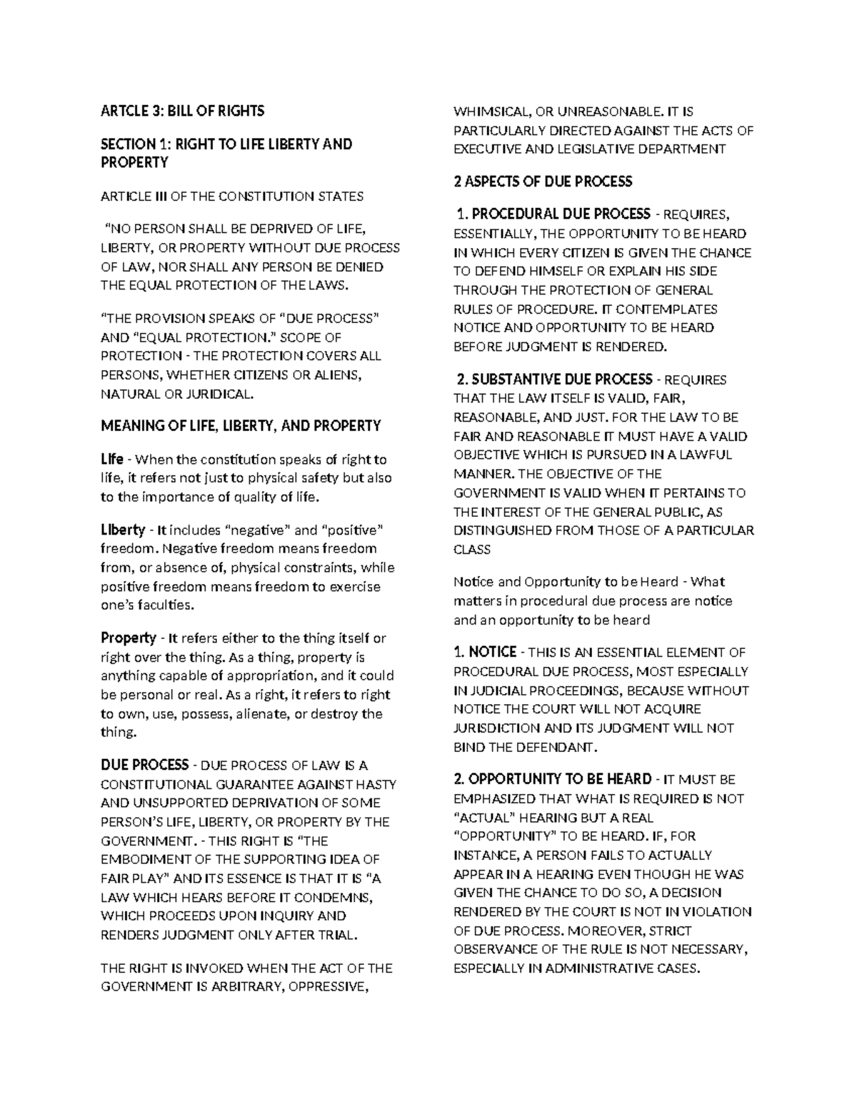 Artcle 3 - good - ARTCLE 3: BILL OF RIGHTS SECTION 1: RIGHT TO LIFE ...