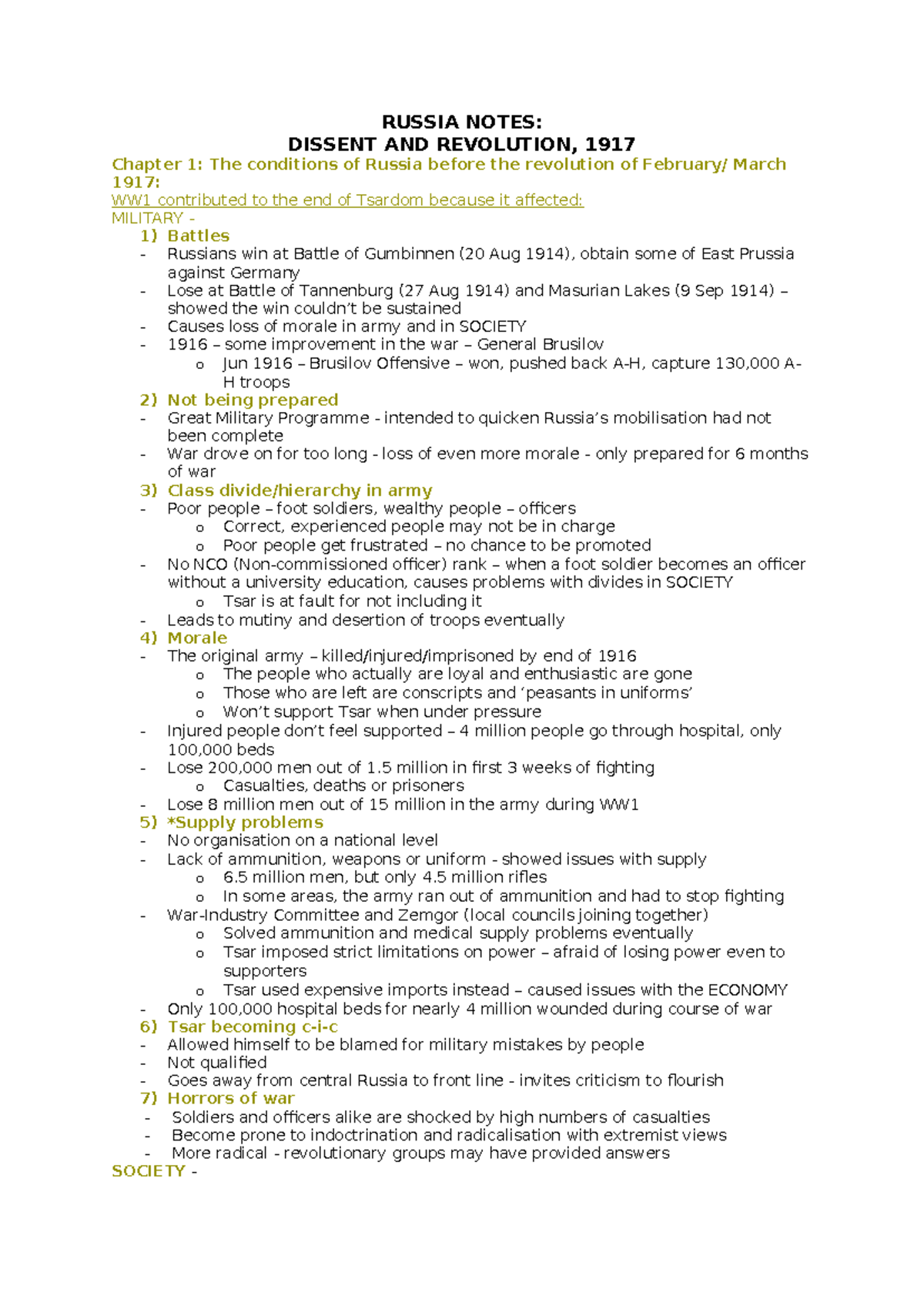 Russia notes - RUSSIA NOTES: DISSENT AND REVOLUTION, 1917 Chapter 1 ...