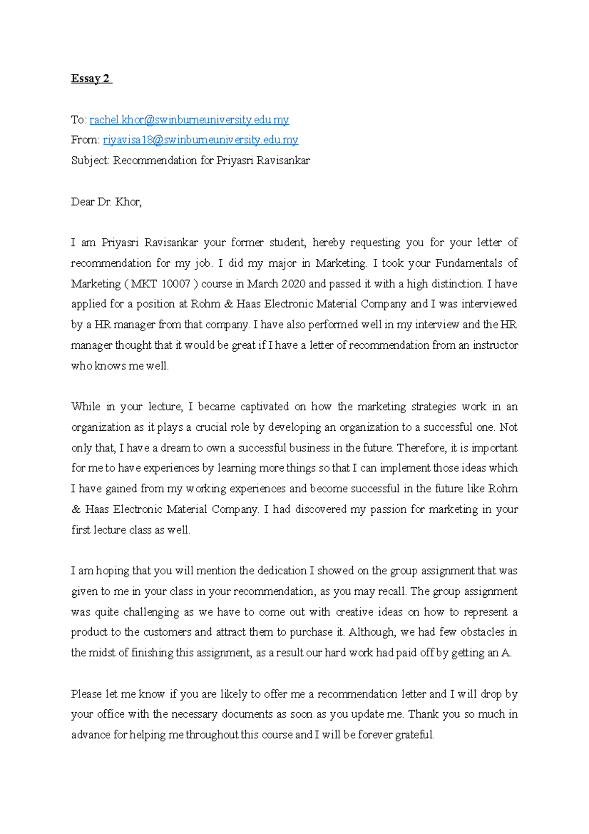 Essay 2 ENGLISH ESSAY TUTORIAL SAMPLE - Essay 2 To: rachel ...