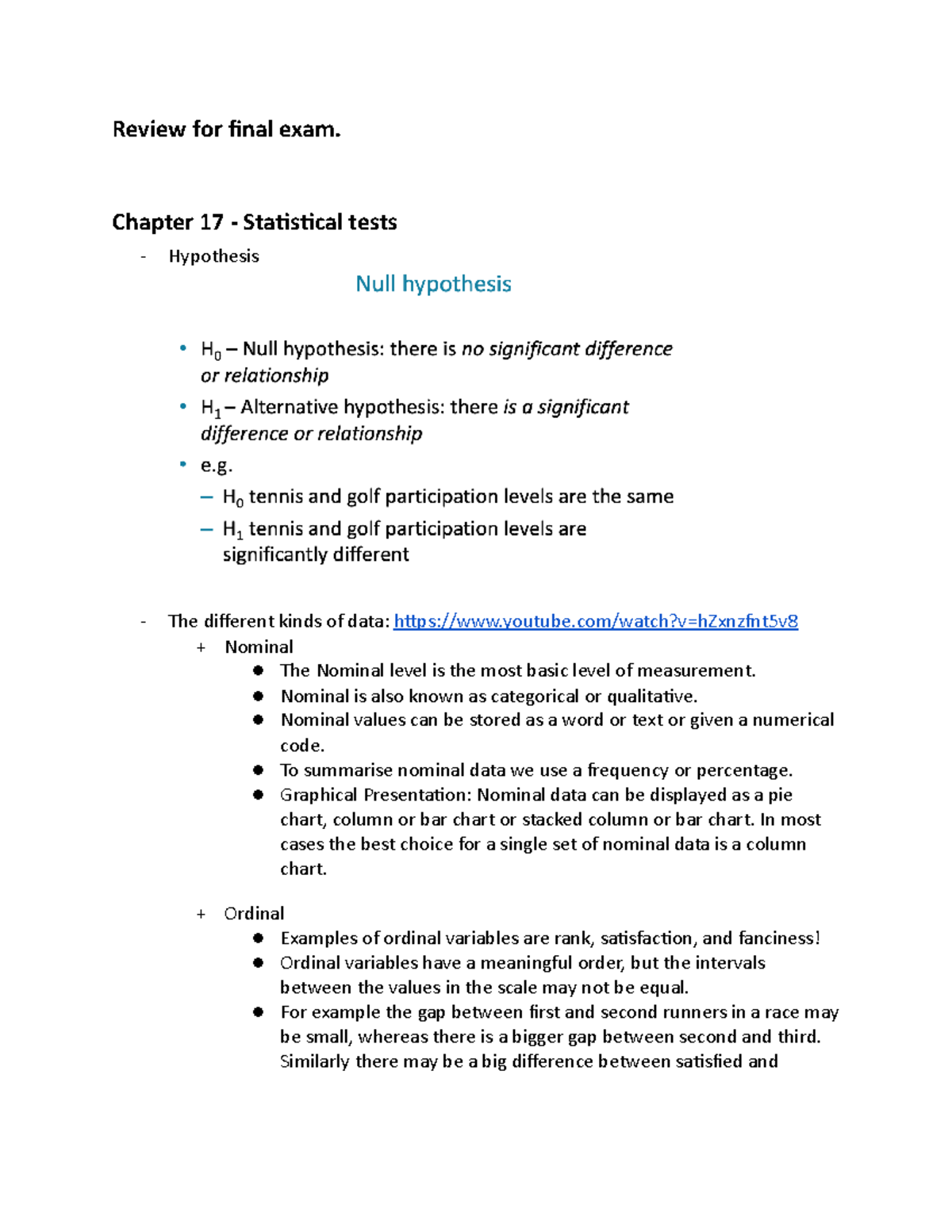 Chap 17 - Exams notes - Review for final exam. Chapter 17 - Statistical ...