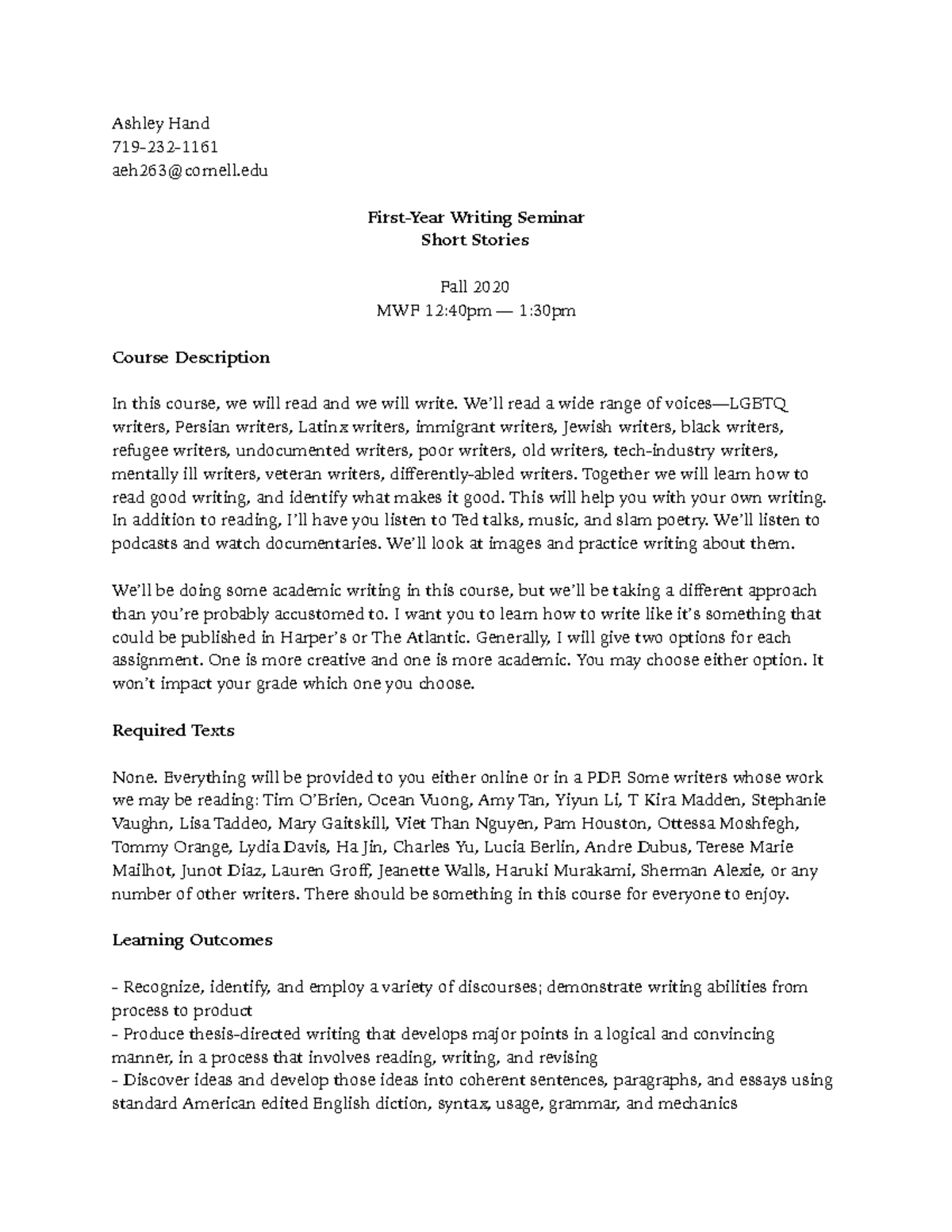 FWS: Short Stories Syllabus - Ashley Hand 719-232- aeh263@cornell First-Year Writing Seminar ...