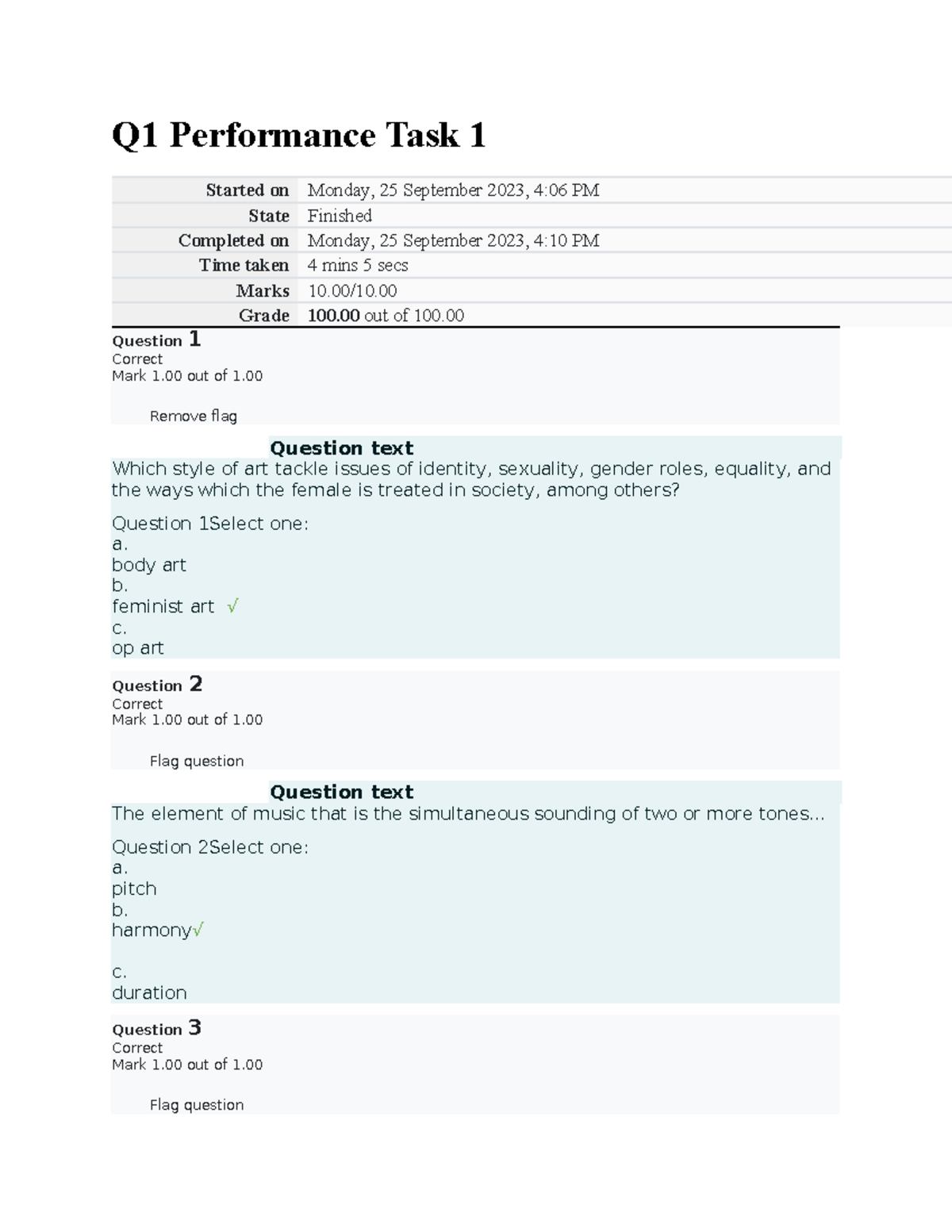 Q1 Performance Task 1 - afafafa - Q1 Performance Task 1 Started on Monday, 25 September 2023, 4: ...