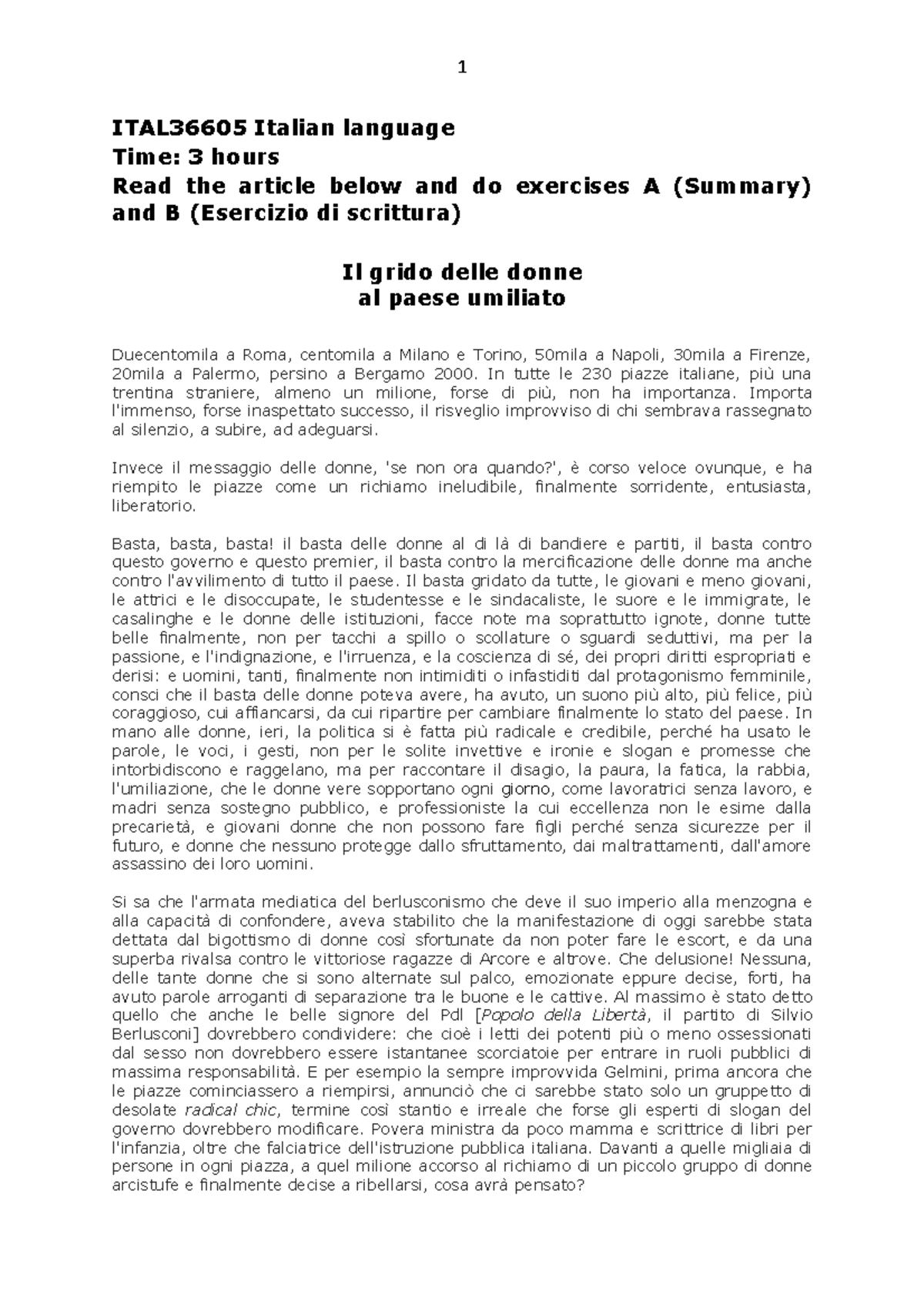 Exam 2015, questions - 1 ITAL36605 Italian language Time: 3 hours Read ...