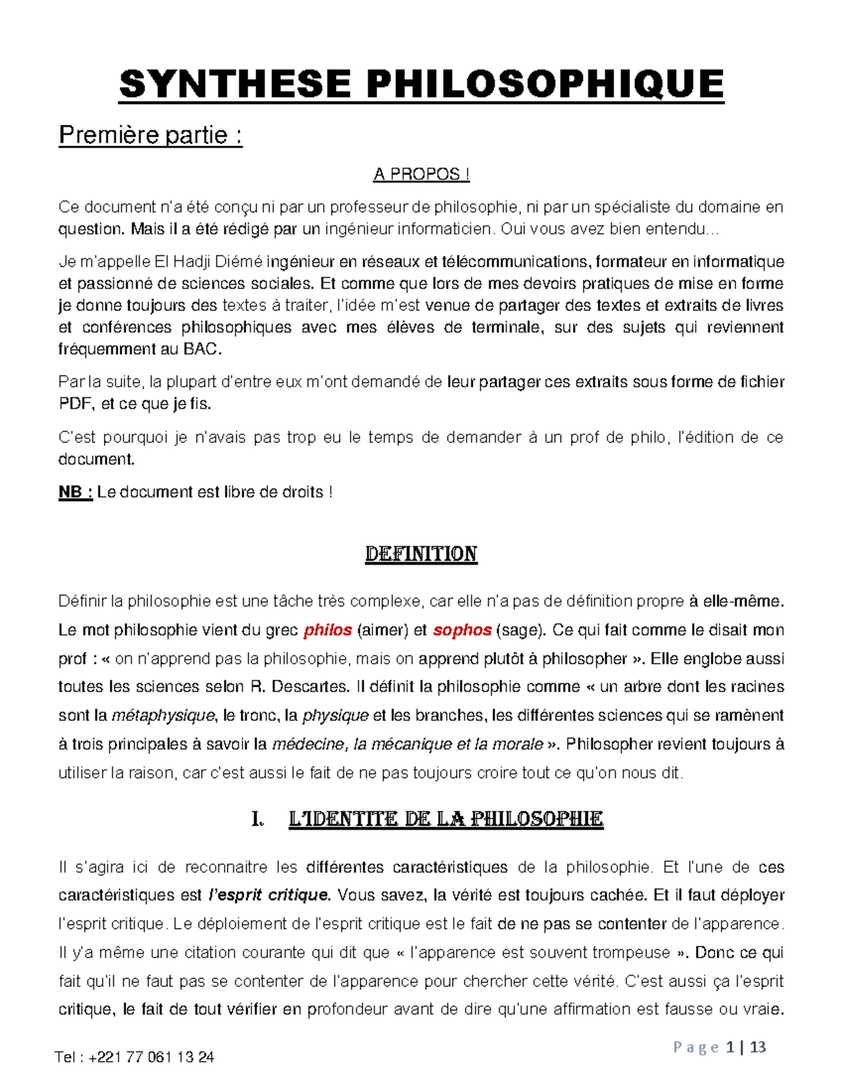 Syntèse philosophique - P a g e 1 | 13 SYNTHESE PHILOSOPHIQUE Première ...