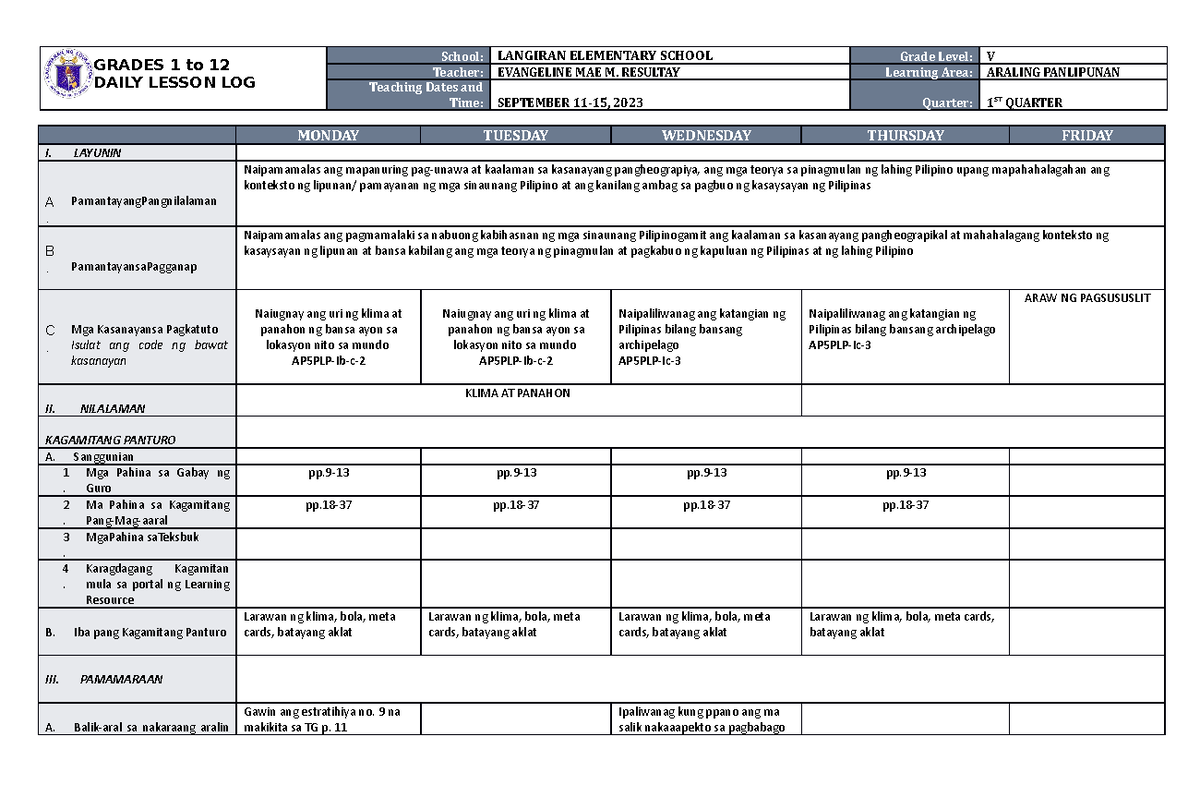 DLL Araling Panlipunan 5 Q1 W3 - GRADES 1 to 12 DAILY LESSON LOG School: LANGIRAN ELEMENTARY ...