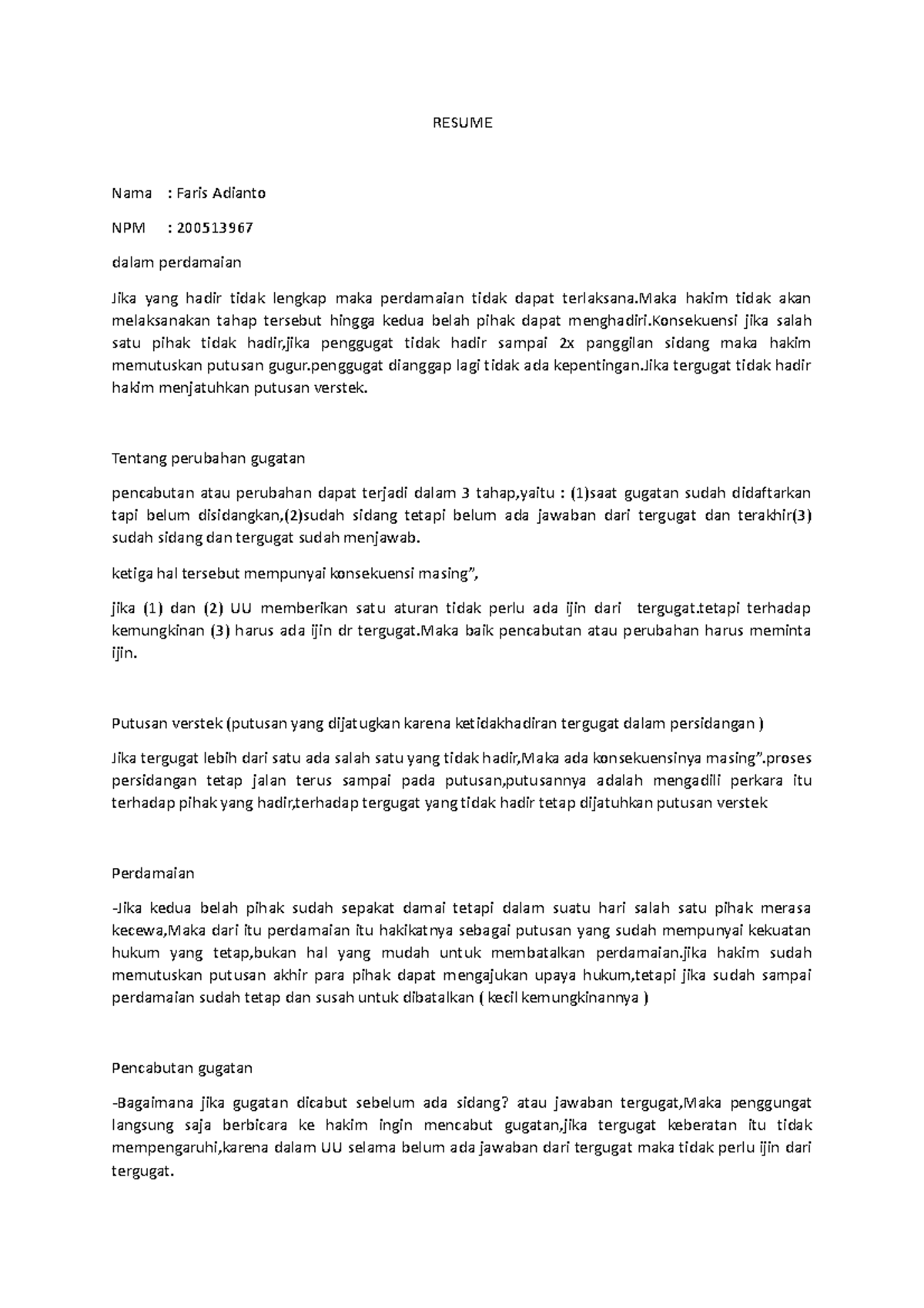 Resume Hukum Acara Perdata - RESUME Nama : Faris Adianto NPM ...