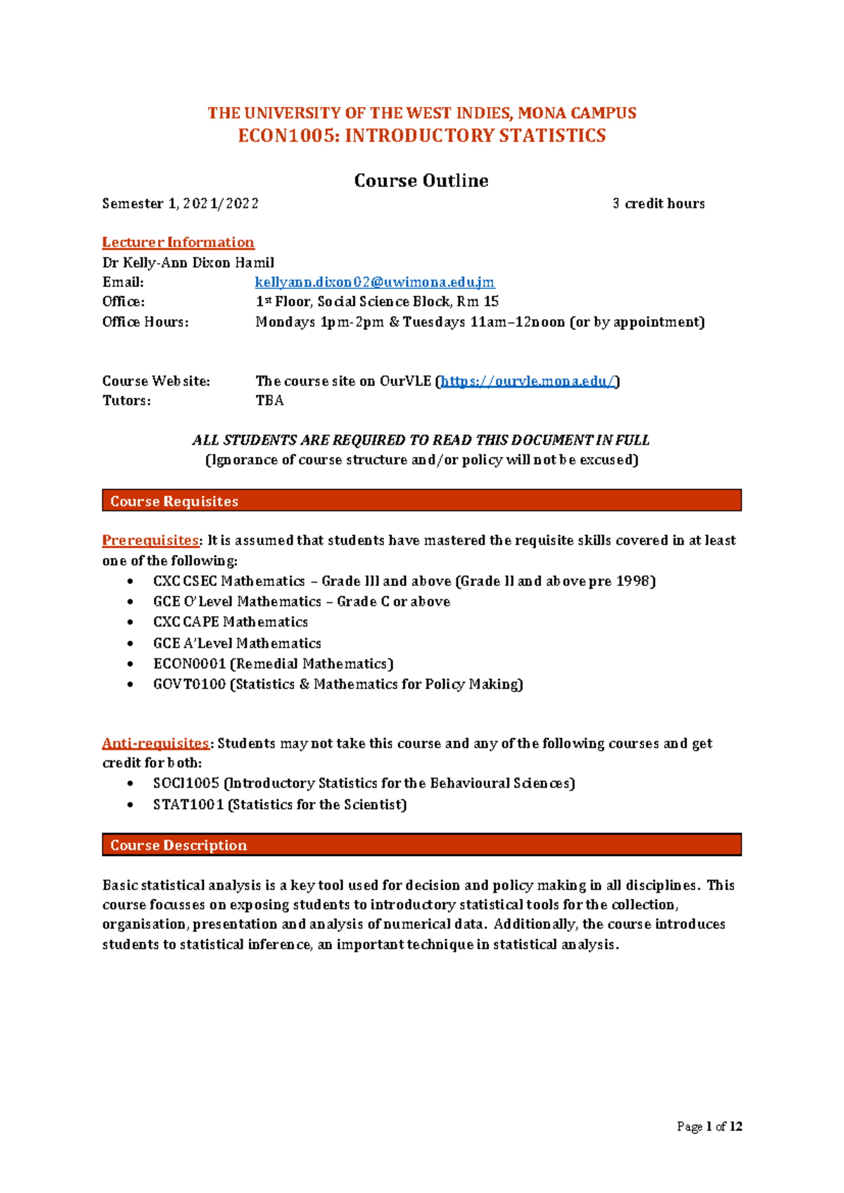 1005 Course Outline Syllabus Sem 1 21-22 vs2 - THE UNIVERSITY OF THE ...