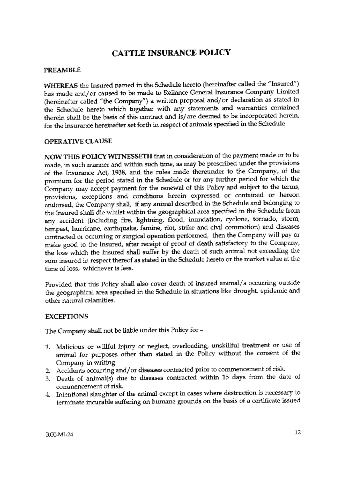 94-31. Cattle Insurance Policy -ALL GEN061 - CATTLE INSURANCE POLICY ...