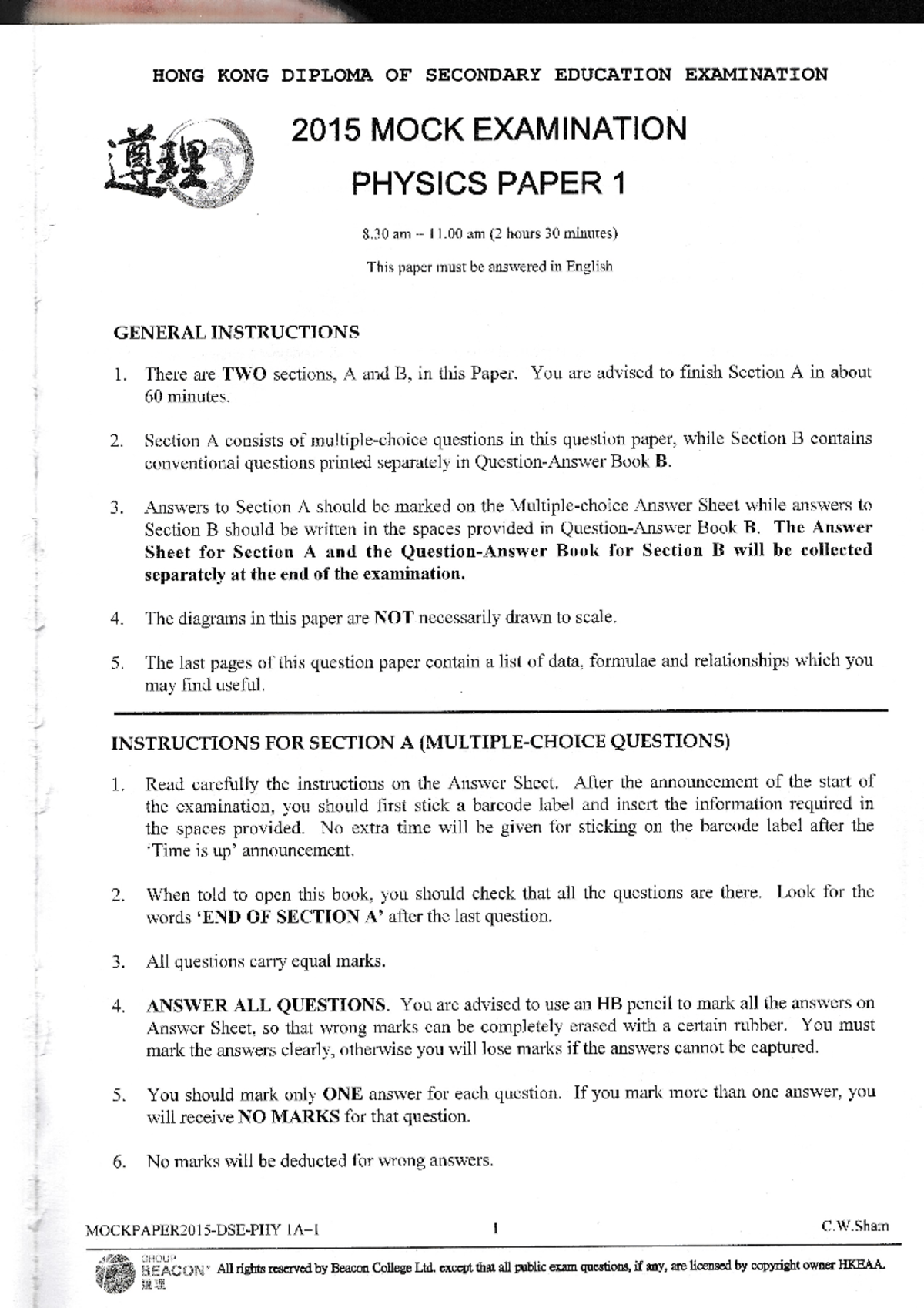 Mockpaper 2015 DSE PHY 1A - Discovering Physics - Studocu