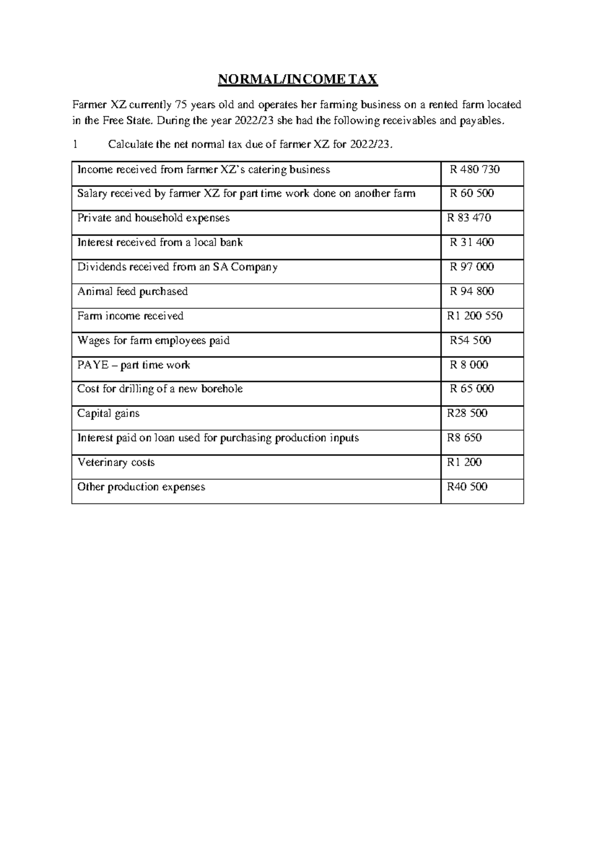 WEEK 7 - Class Example MEMO - NORMAL/INCOME TAX Farmer XZ currently 75 ...