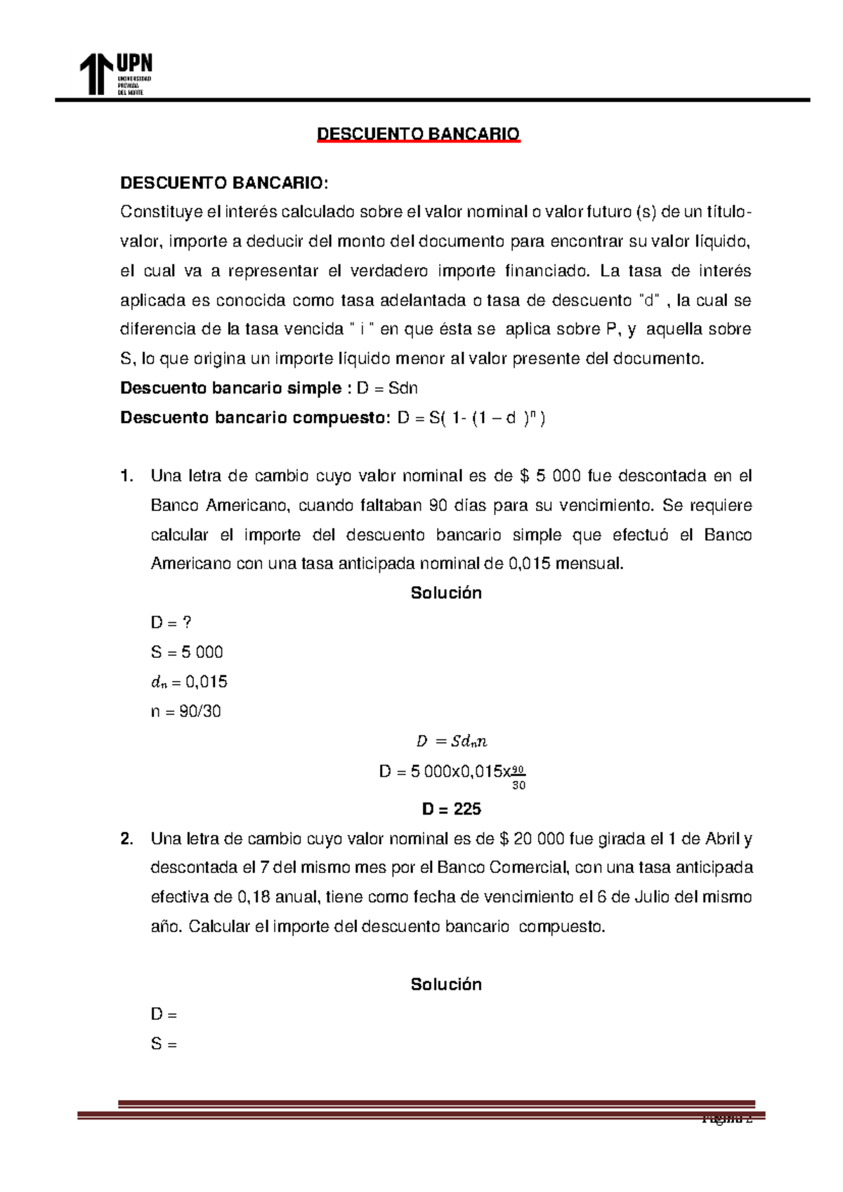 Material Ejercicios Descuento Bancario - DESCUENTO BANCARIO DESCUENTO ...