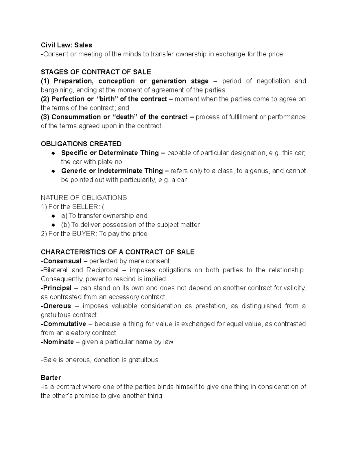 Civil Law Sales- Notes - Civil Law: Sales -Consent or meeting of the ...
