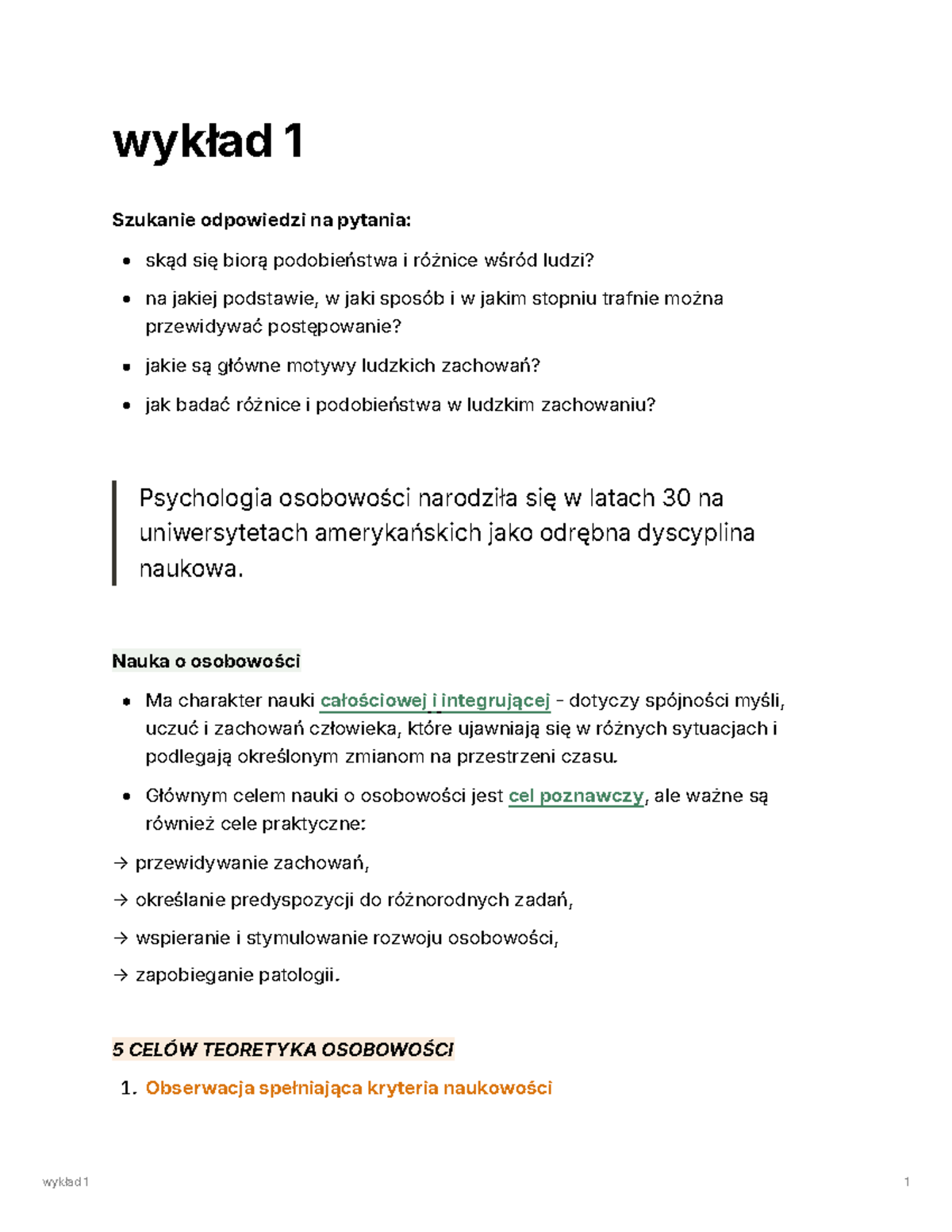 Psychologia osobowosci 1 wykład - wykład 1 Szukanie odpowiedzi na pytania: skąd się biorą - Studocu