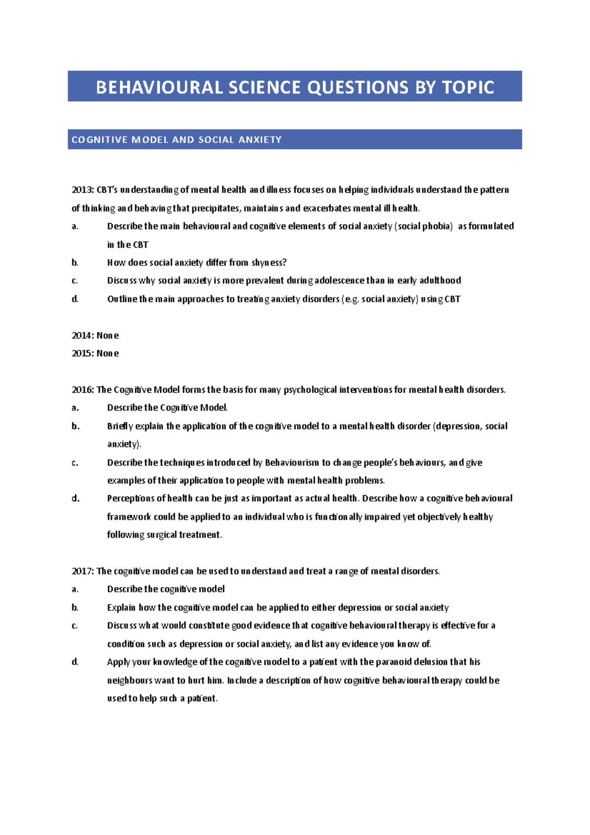 MD1007: Behavioural Science questions - BEHAVIOURAL SCIENCE QUESTIONS ...