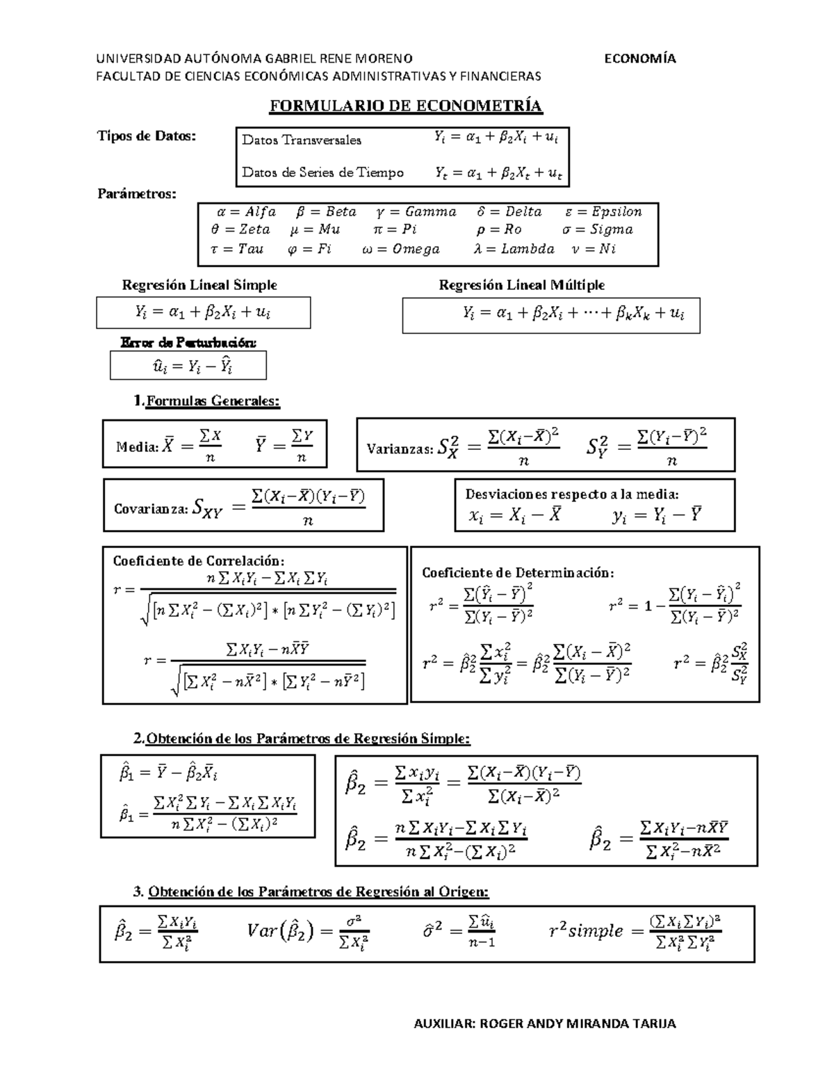 Formulario Econometría: Fórmulas de Econometría I y II - FACULTAD DE CIENCIAS ECONÓMICAS - Studocu