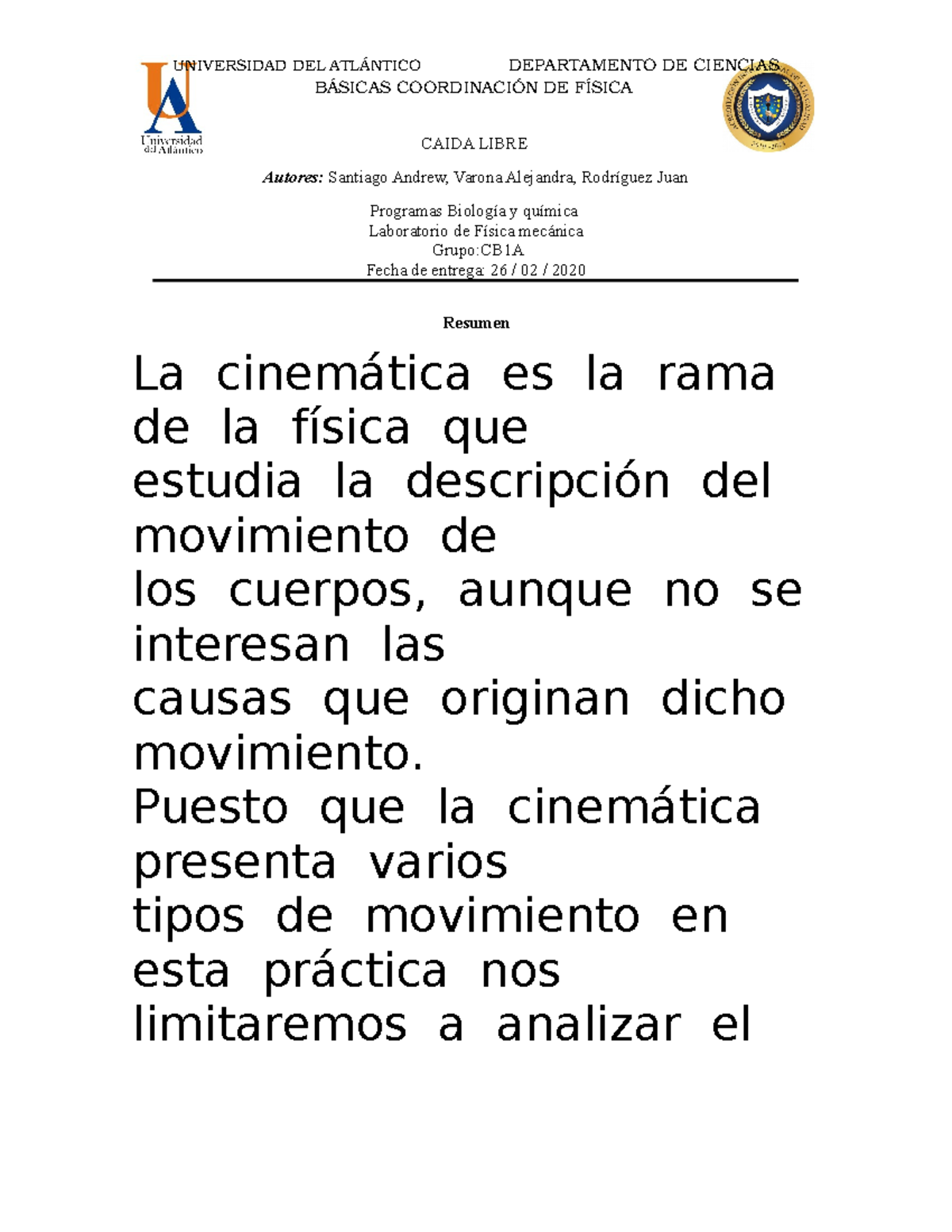 Informe 3 - Caida Libre - COORDINACIÓN DE FÍSICA CAIDA LIBRE Autores ...