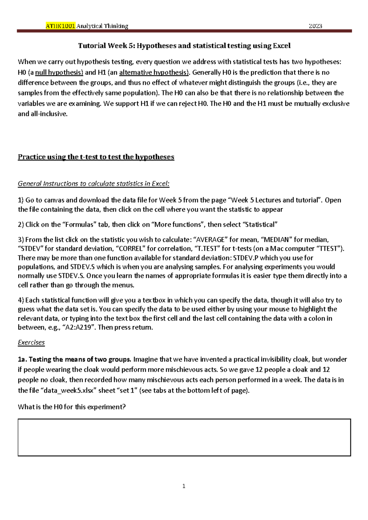 ATHK1001 w5 - tutorial - Tutorial Week 5 : Hypotheses and statistical ...