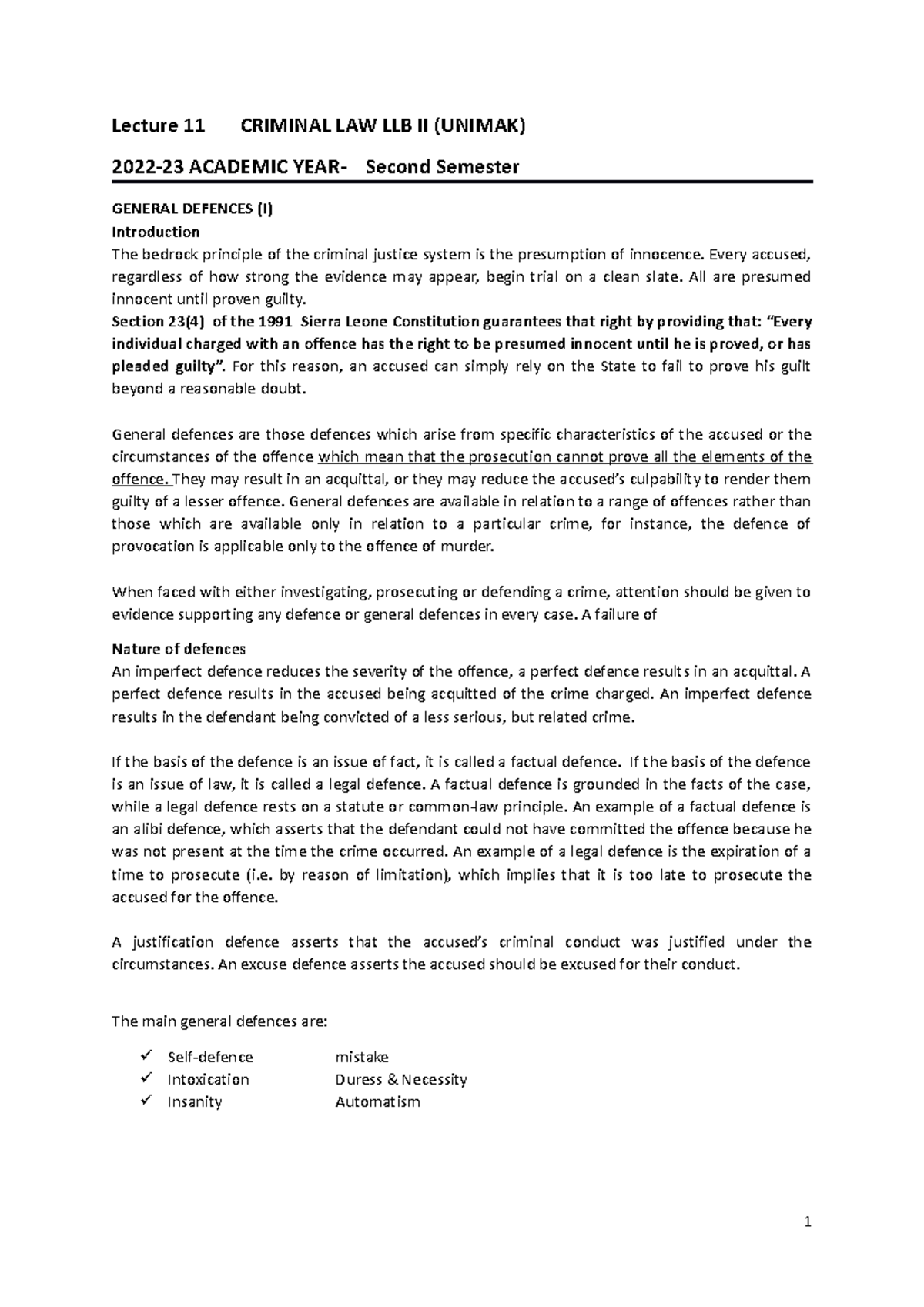 CRIM LAW lecture 11 - Lecture 11 CRIMINAL LAW LLB II (UNIMAK) 2022-23 ACADEMIC YEAR- Second ...