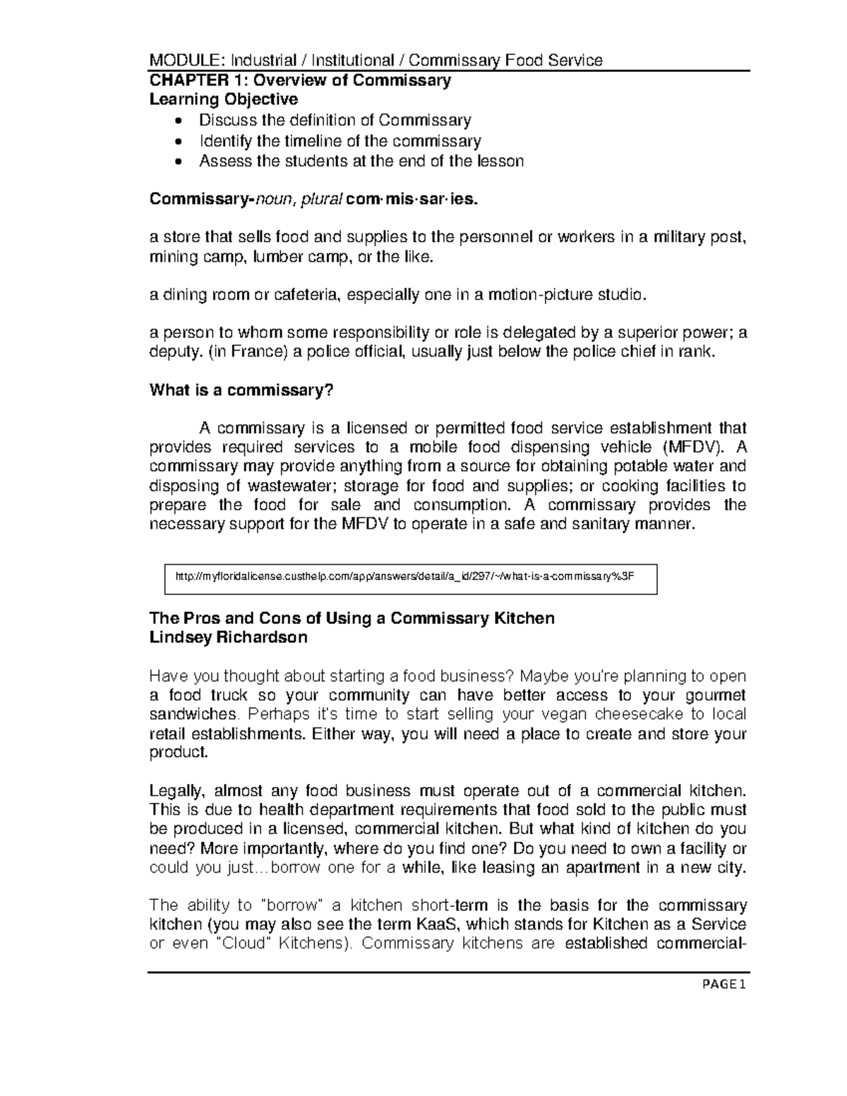 Hpele 04 C1 - CHAPTER 1: Overview of Commissary Learning Objective ...