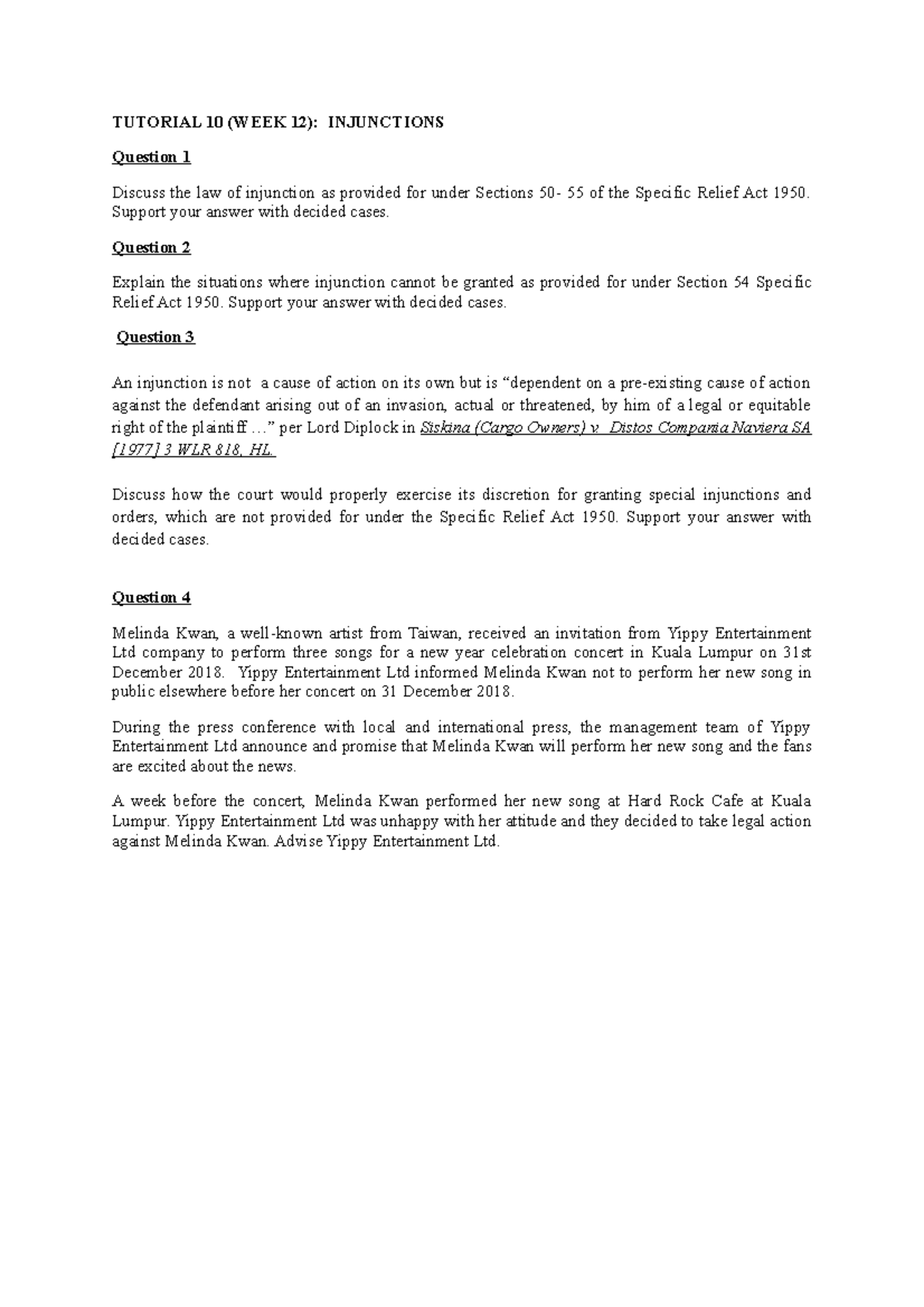 367615 Tutorial 10 (Week12) Injuction no answer - TUTORIAL 10 (WEEK 12 ...