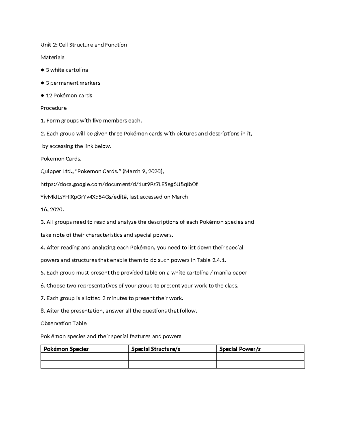 Bio activity - Unit 2: Cell Structure and Function Materials 3 white ...