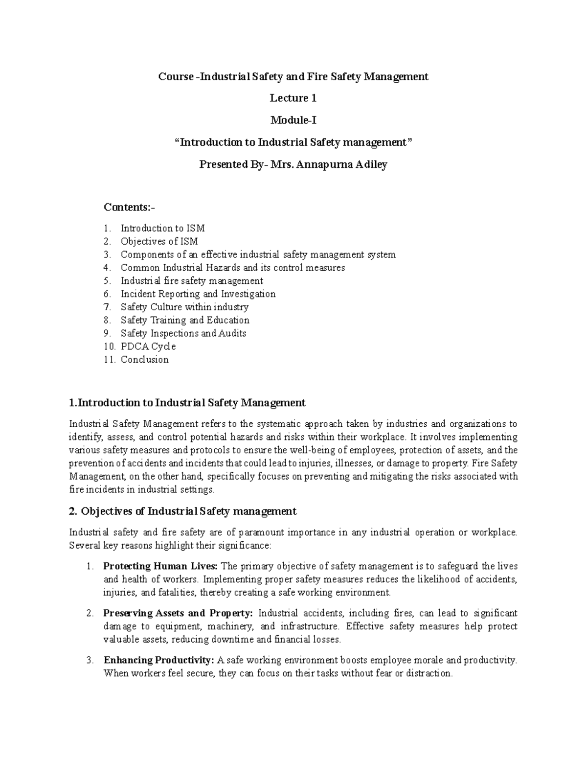Lecture 1 Introduction to Industrial safety management - Course ...