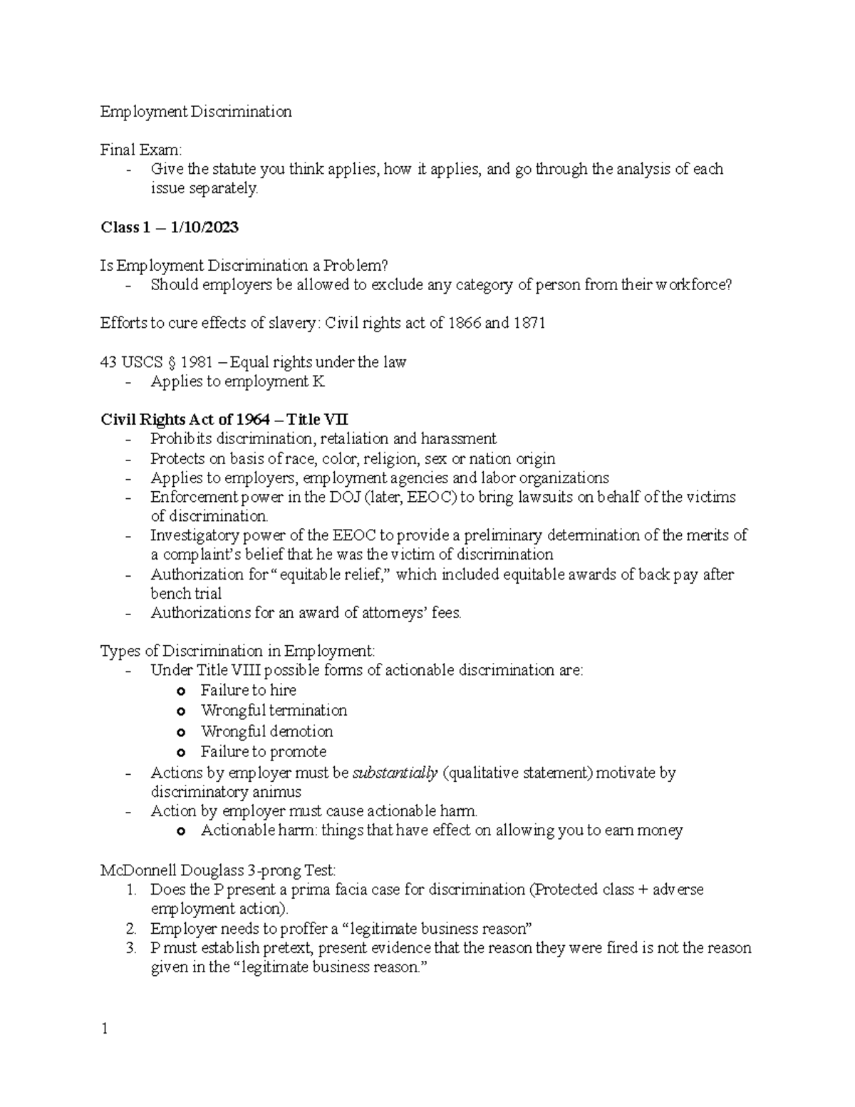 Employment Discrimination Outline - Employment Discrimination Final ...