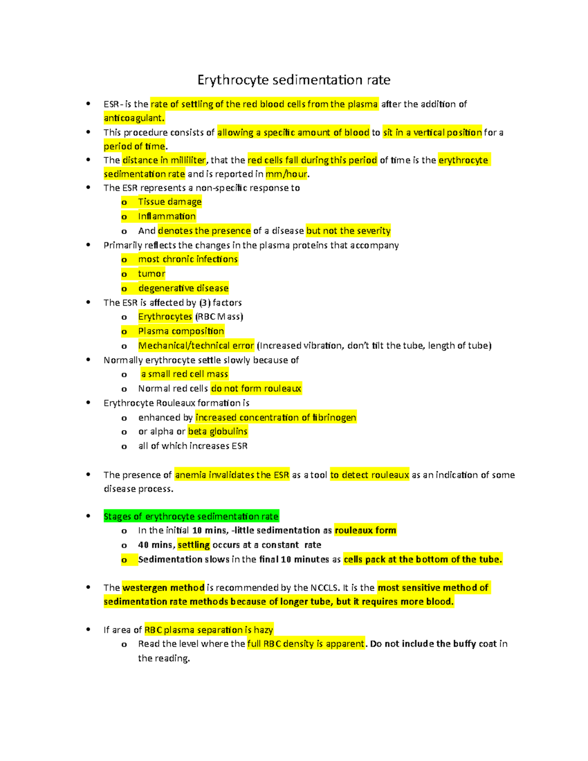 ESR - notes - Erythrocyte sedimentation rate ESR- is the rate of ...
