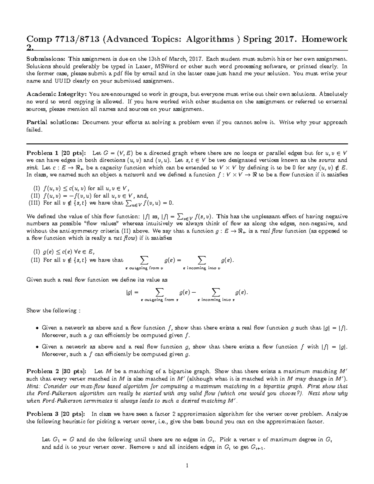 Spring 2017. Homework 2 - Comp 7713/8713 (Advanced Topics: Algorithms ) Spring 2017. Homework 2 ...