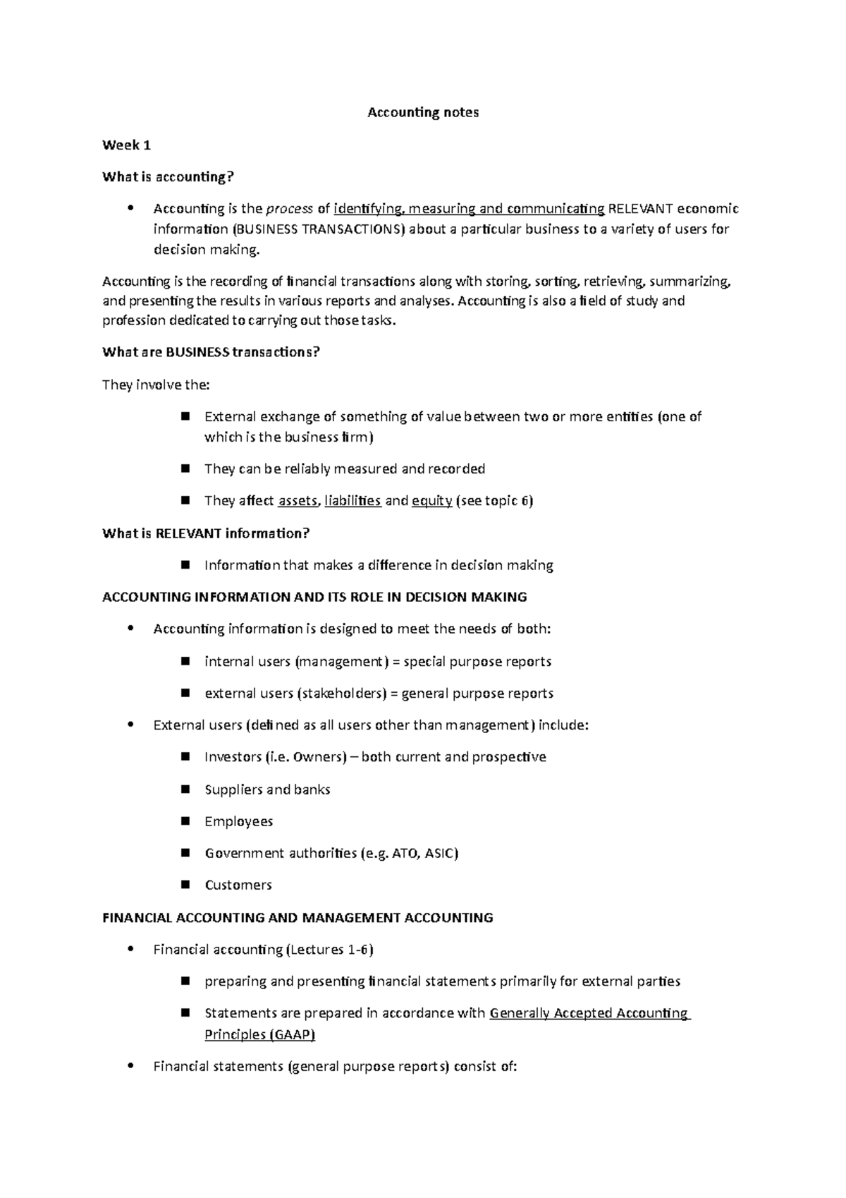 Accounting notes - Accounting notes Week 1 What is accounting ...