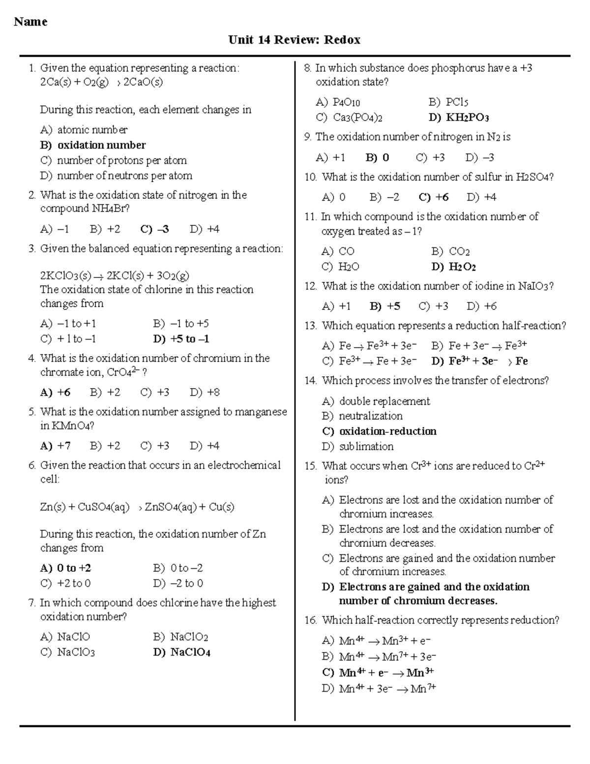 Unit 14 Redox Practice+KEY - Name Unit 14 Review: Redox A) atomic ...